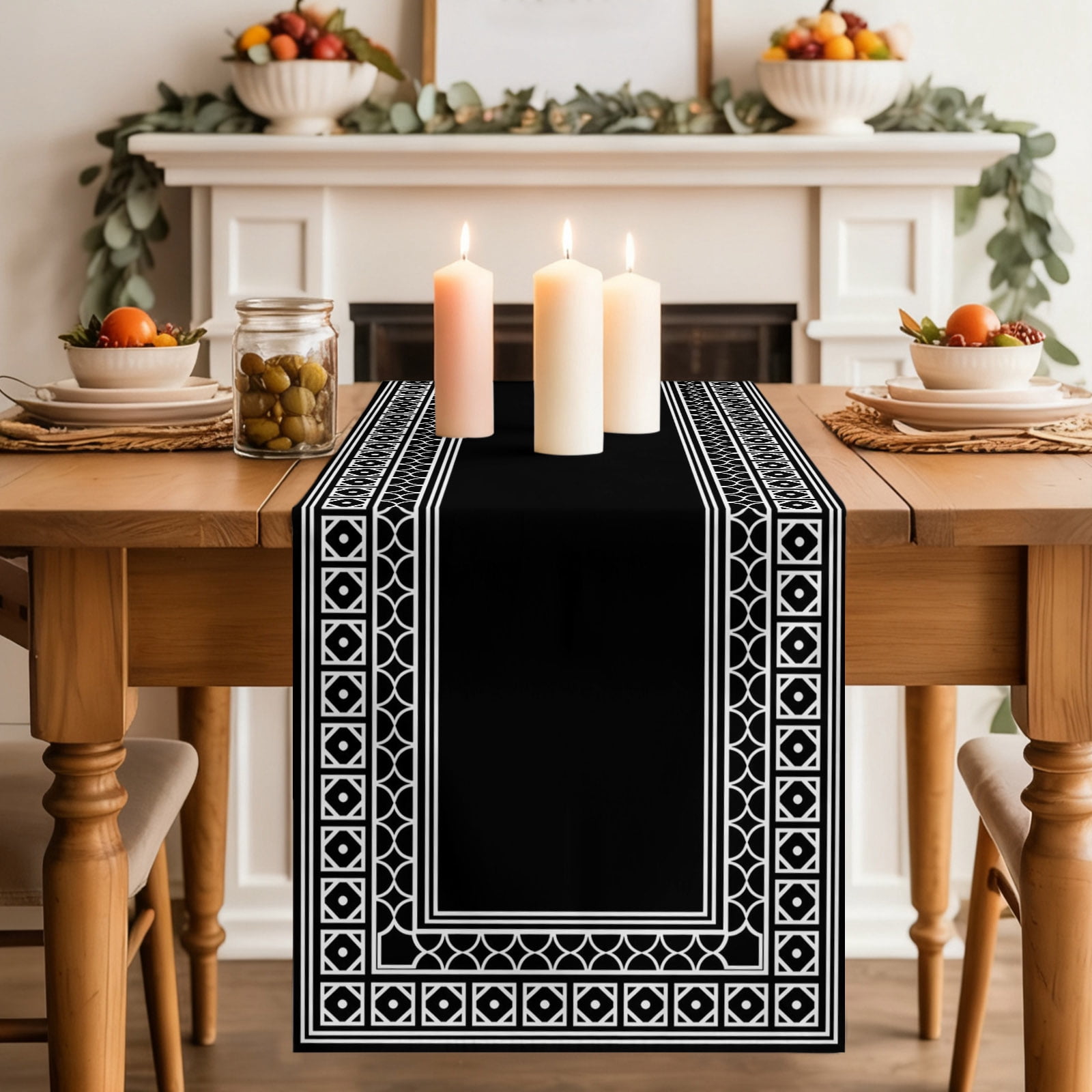 Black Table Runner 13x60 Inch Boho Diamond Pattern Border Rustic ...