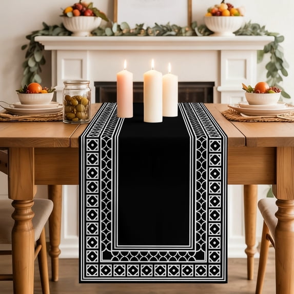 Black Table Runner 13x60 Inch Boho Diamond Pattern Border Rustic ...