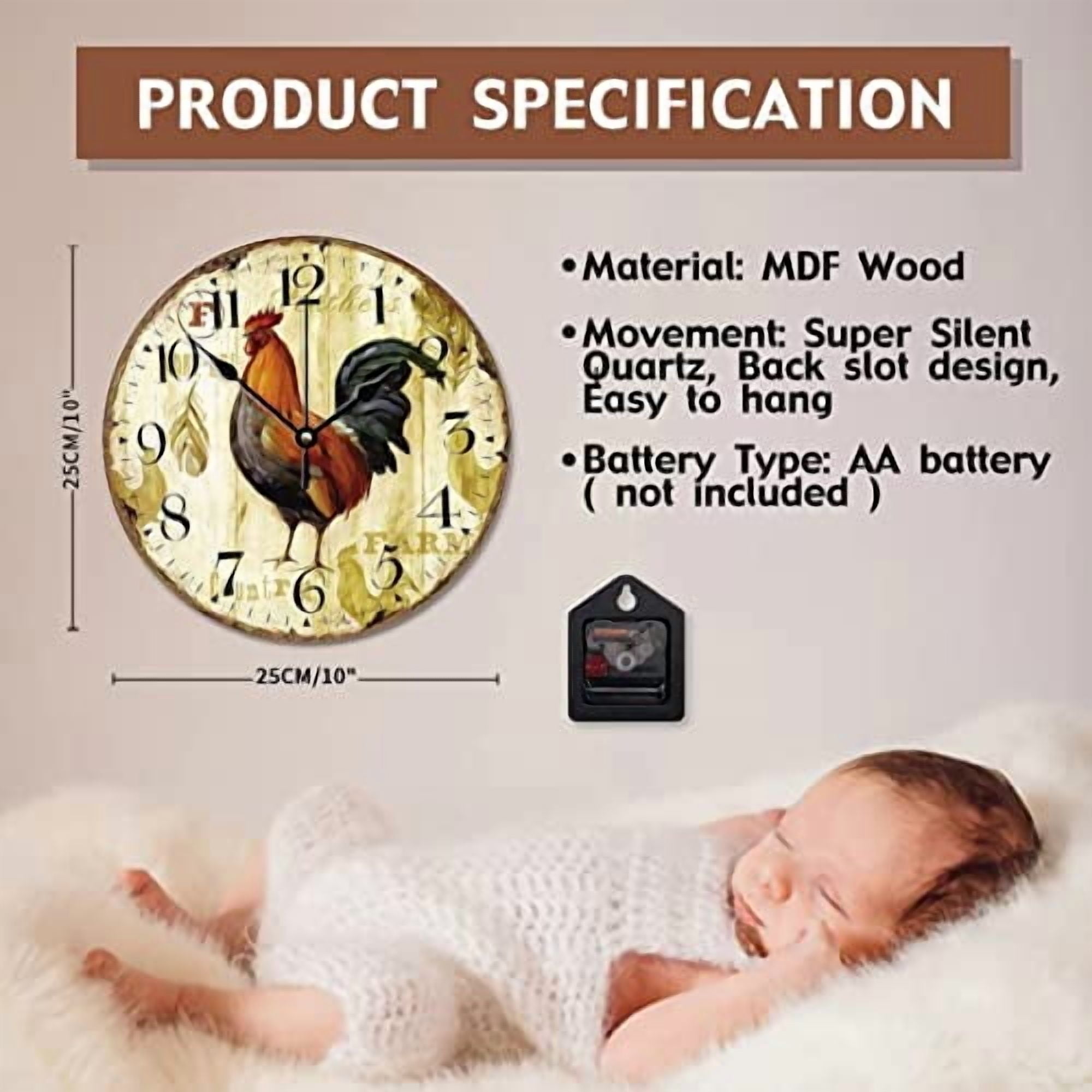 Black Tail Rooster Analog Wall Clock Vintage Farmhouse Kitchen Clock ...