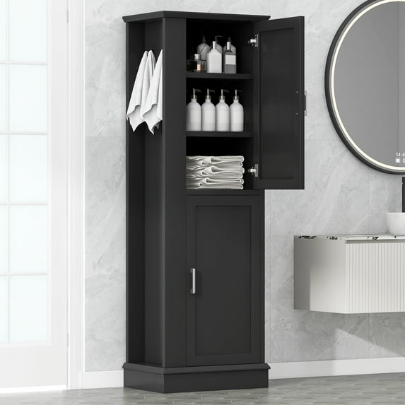 Black Tall Bathroom Storage Cabinet - Freestanding MDF Cabinet w ...