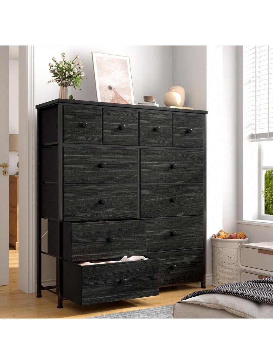 Black Tall Dresser With 12 Drawers, Wooden Top & Metal Frame For ...