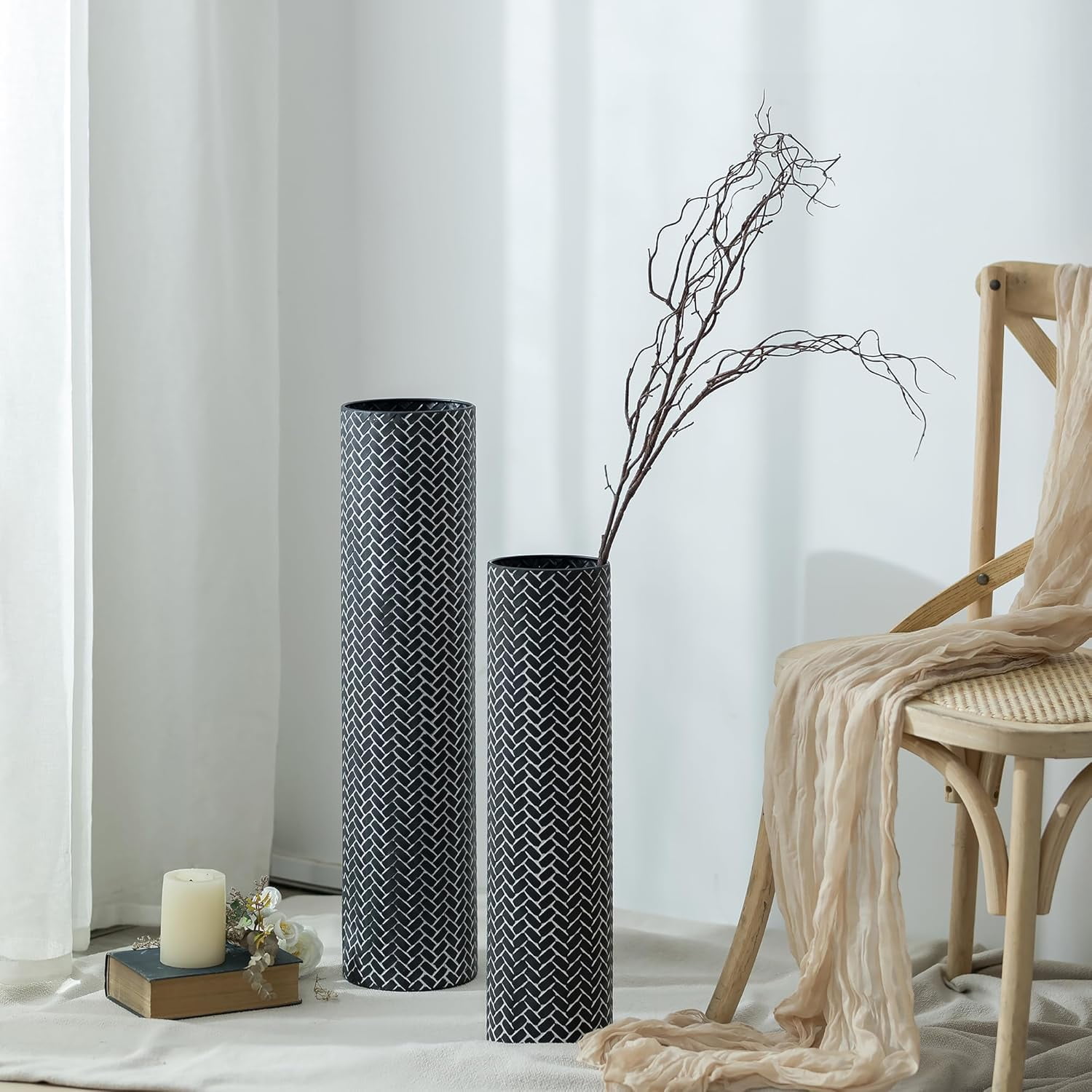 Black Tall Floor Vase: 27.6/21.7in Metal Modern Cylinder Floor Vases ...