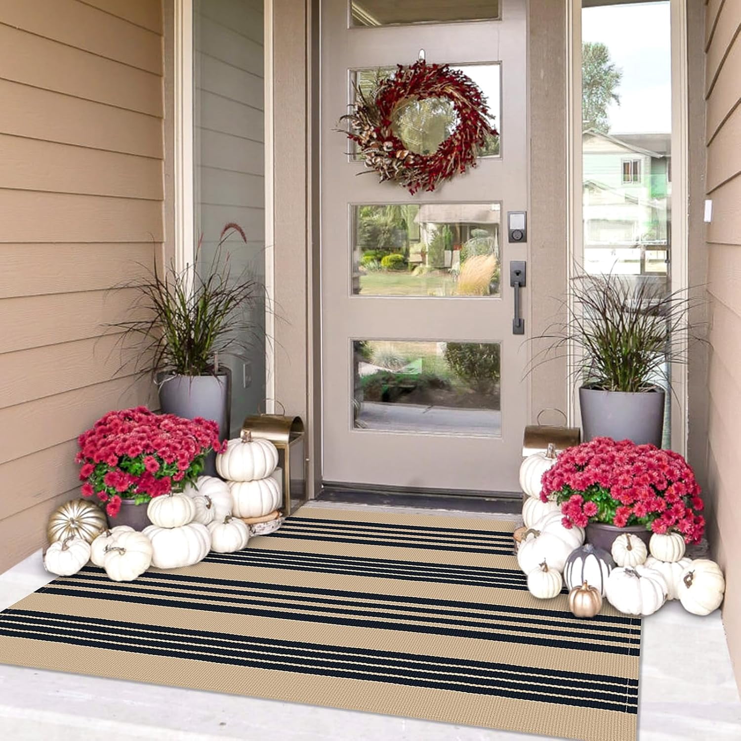 Black and Tan Striped Rug 3'x5' Front Door Rugs Outdoor, Washable Area ...