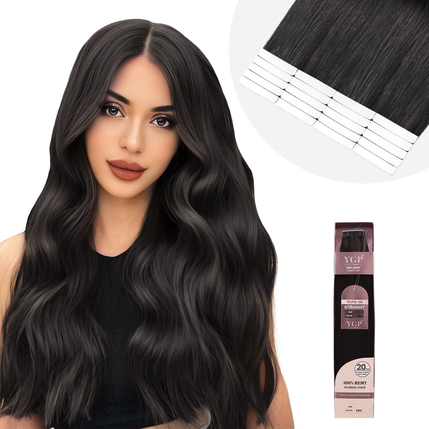 Black Tape in Hair Extensions Human Hair 22 Inch 50g 20 pcs Tape in ...
