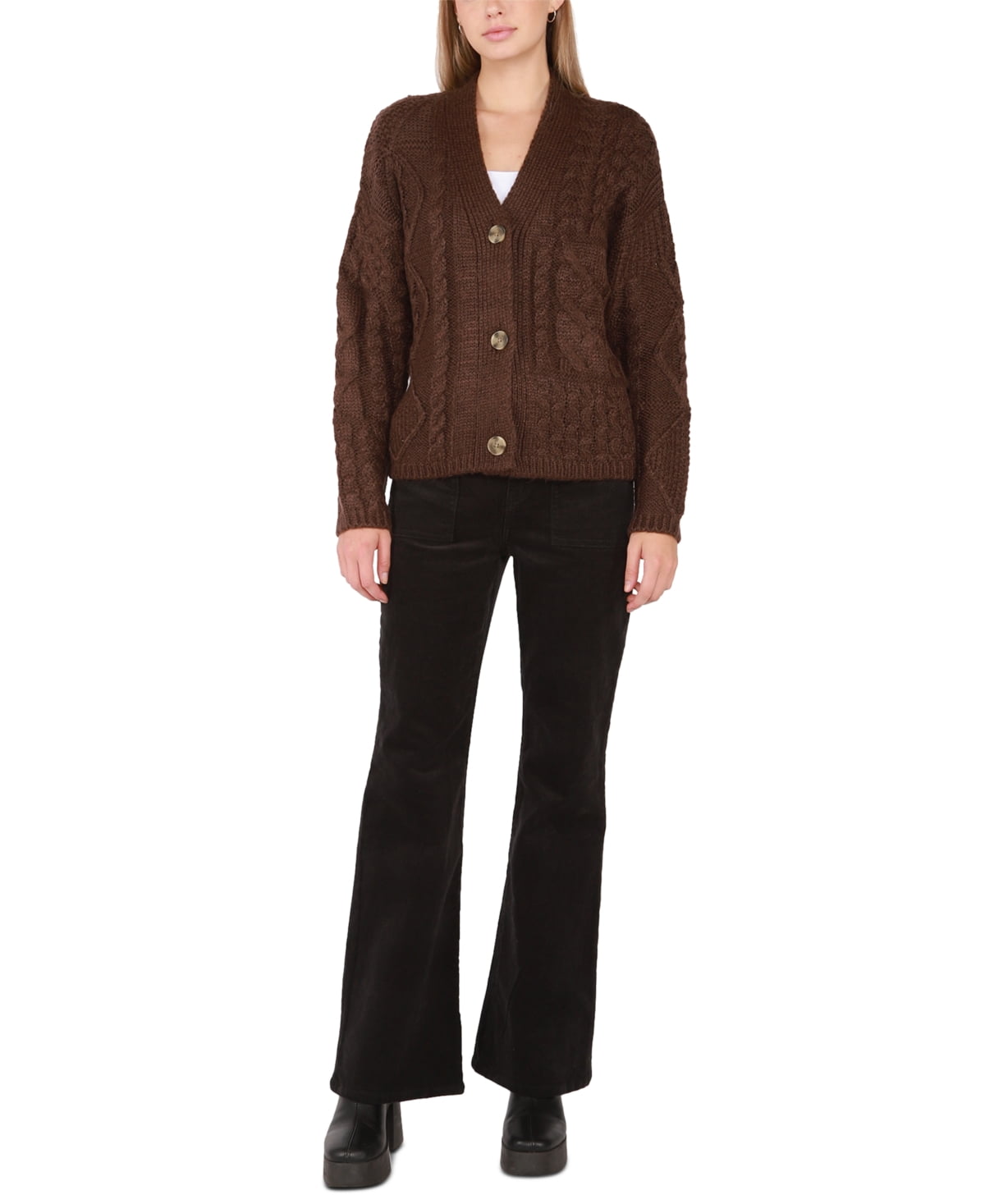 Black Tape Women's Button Up Patchwork Cable Knit Cardigan Brown Size ...