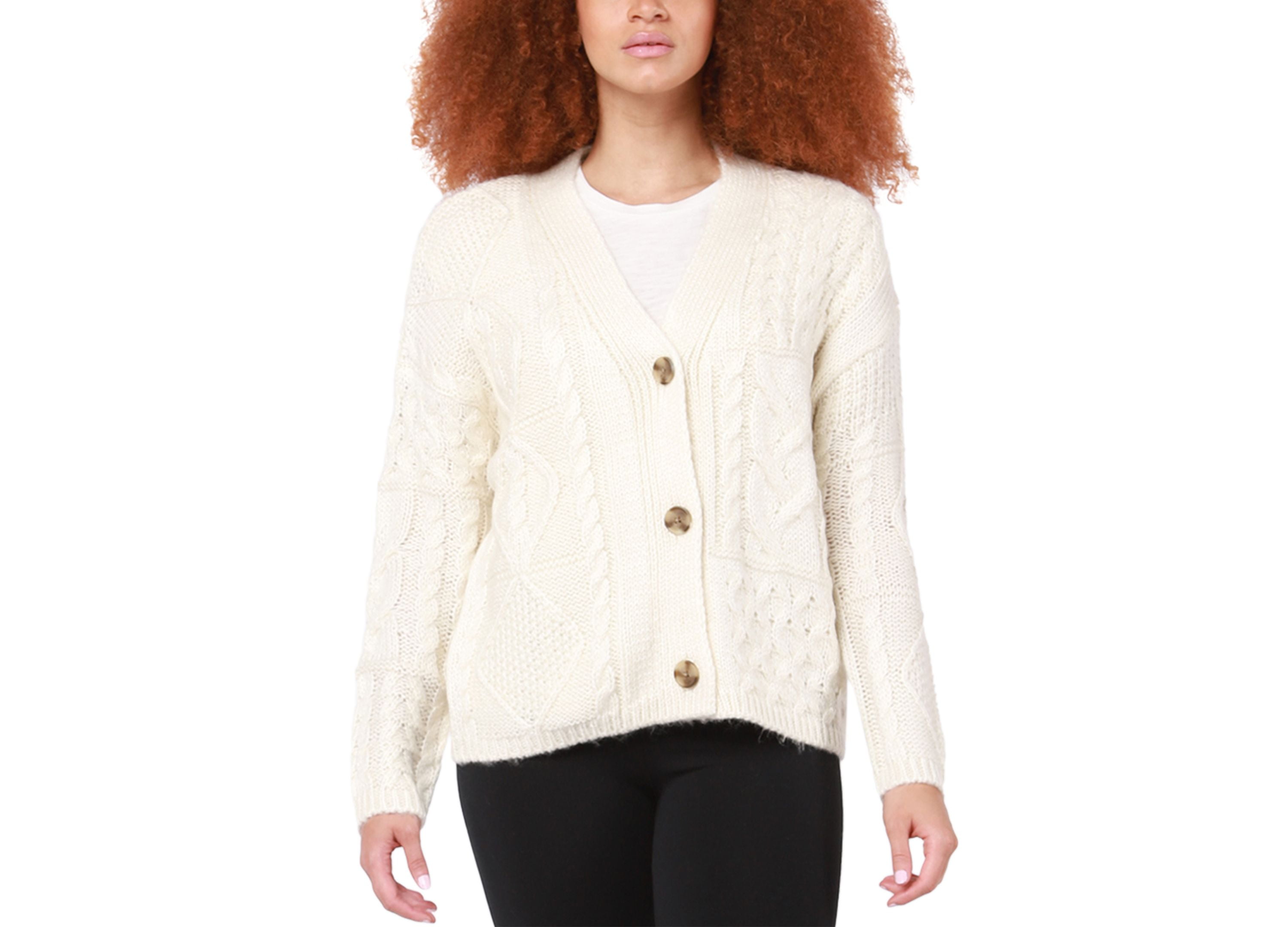 Black Tape Womens Button Up Patchwork Cable Knit Cardigan Cream XS ...