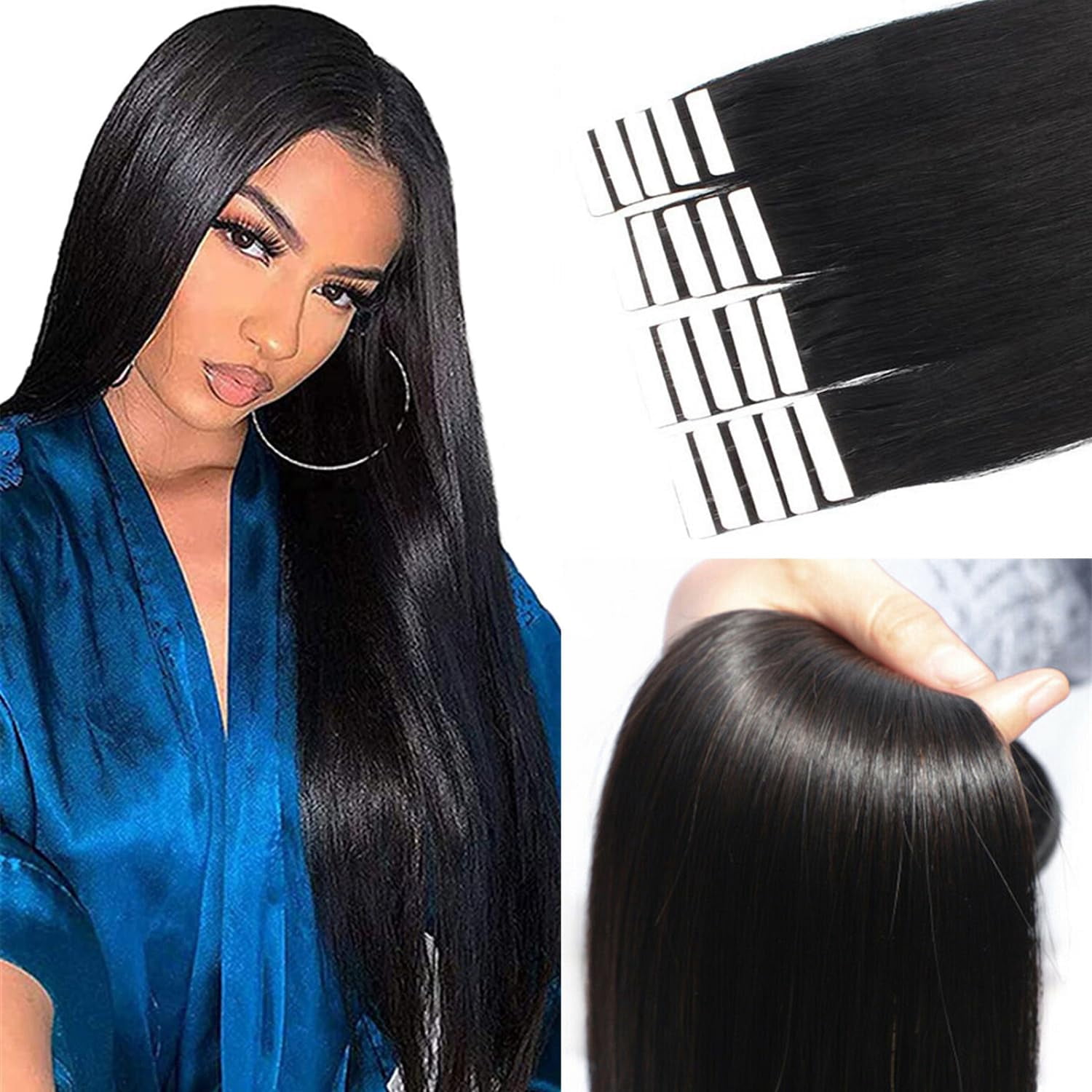 Benafee Black Tape ins for Women Human Hair 16'' Silky Straight in ...