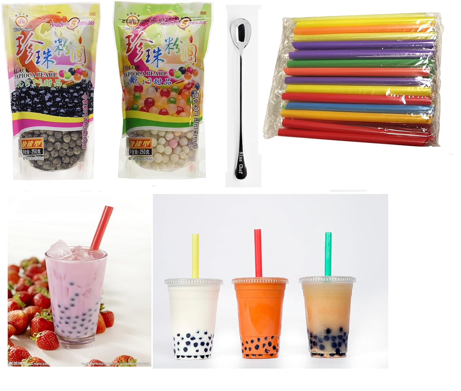 Black Tapioca Pearl 8.8 Oz + Multi color Tapioca Pearl 8.8 Oz + 50 ...