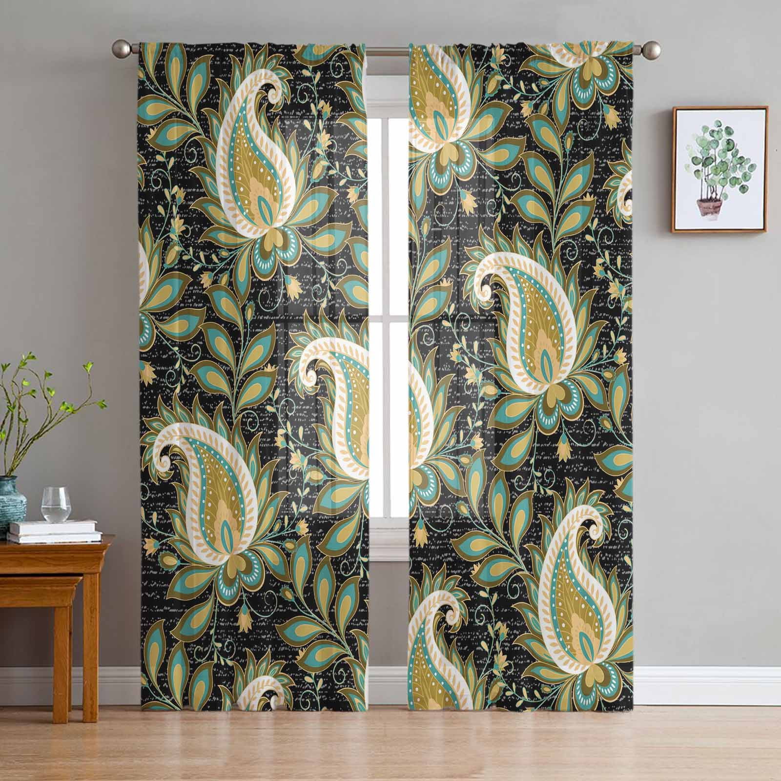 Black Teal Boho Botanical Sheer Curtains 96 Inches Long 2 Panels Set ...