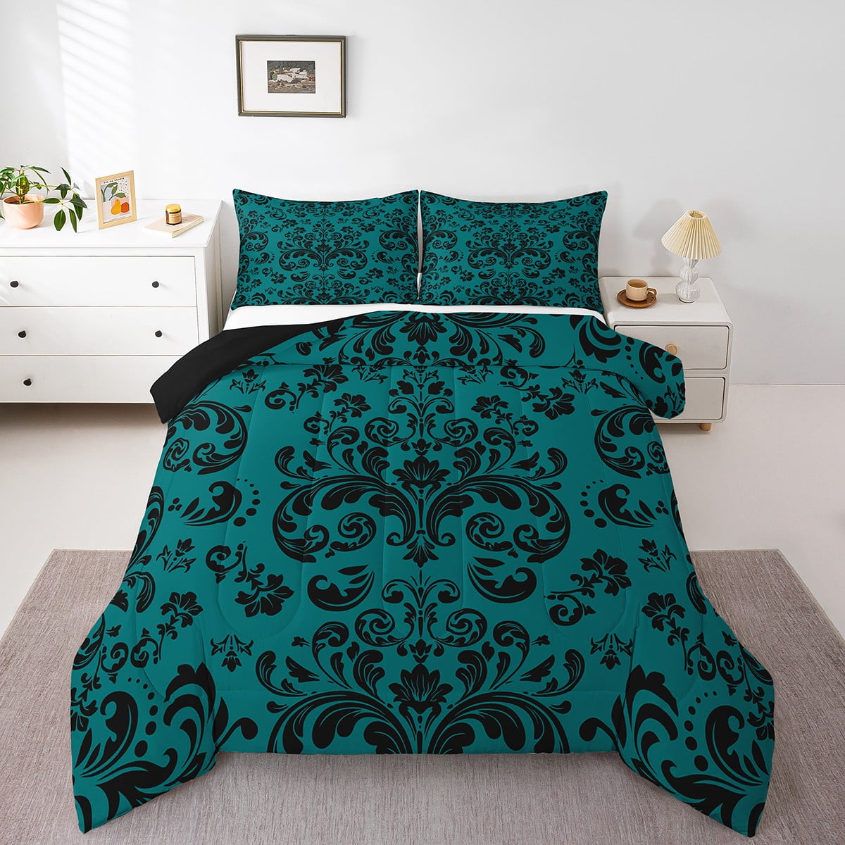 Black Teal Damask Bedding Set King Boho Gothic Floral Turquoise ...