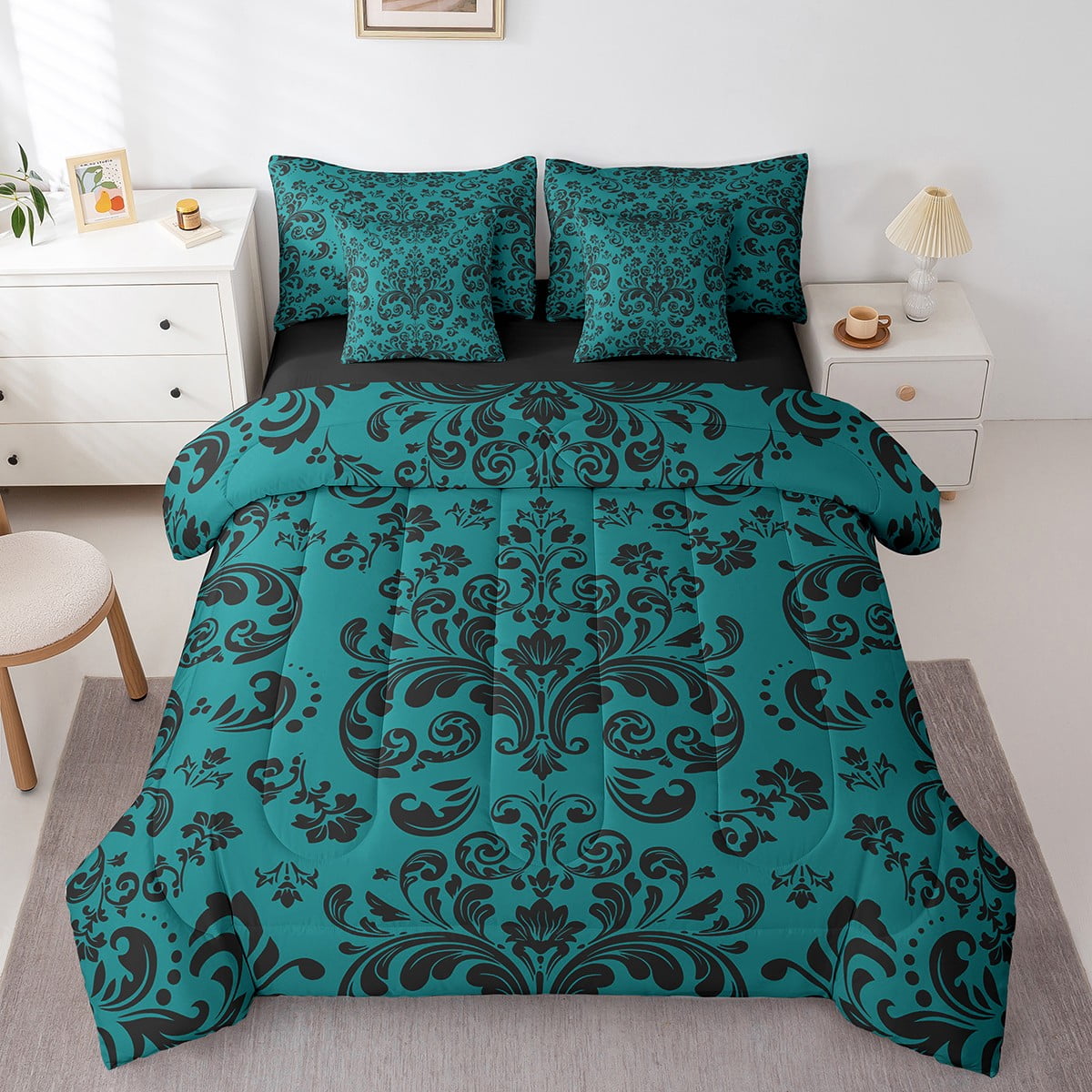Black Teal Damask Queen Bedding Set 7 Piece Boho Gothic Floral ...