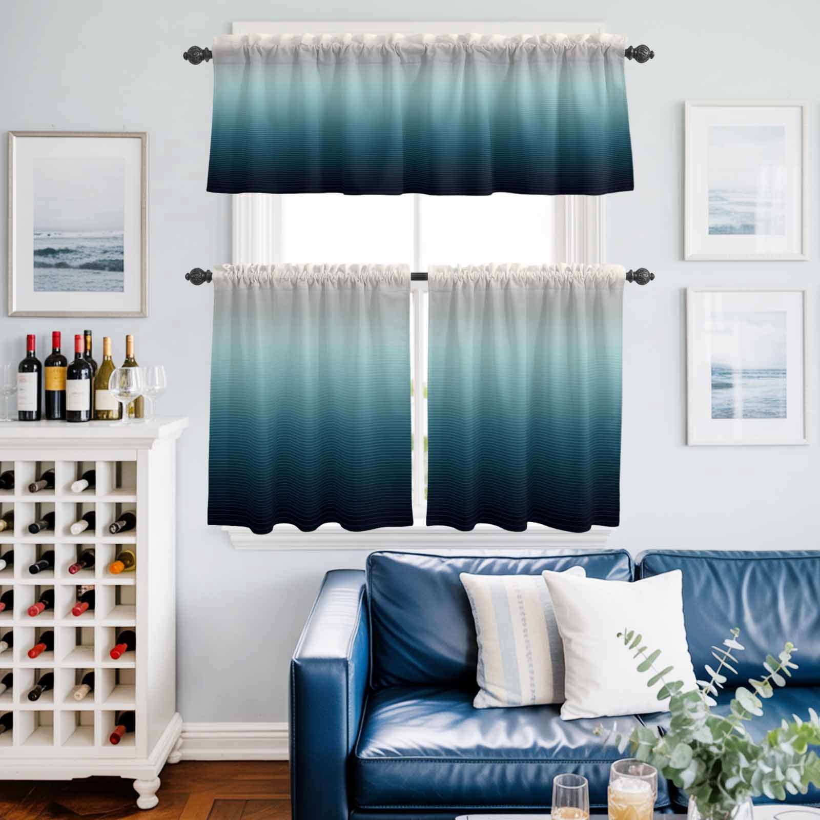 Black Teal and Gray Color Ombre Curtain Tier and Valance Set 3 Piece ...