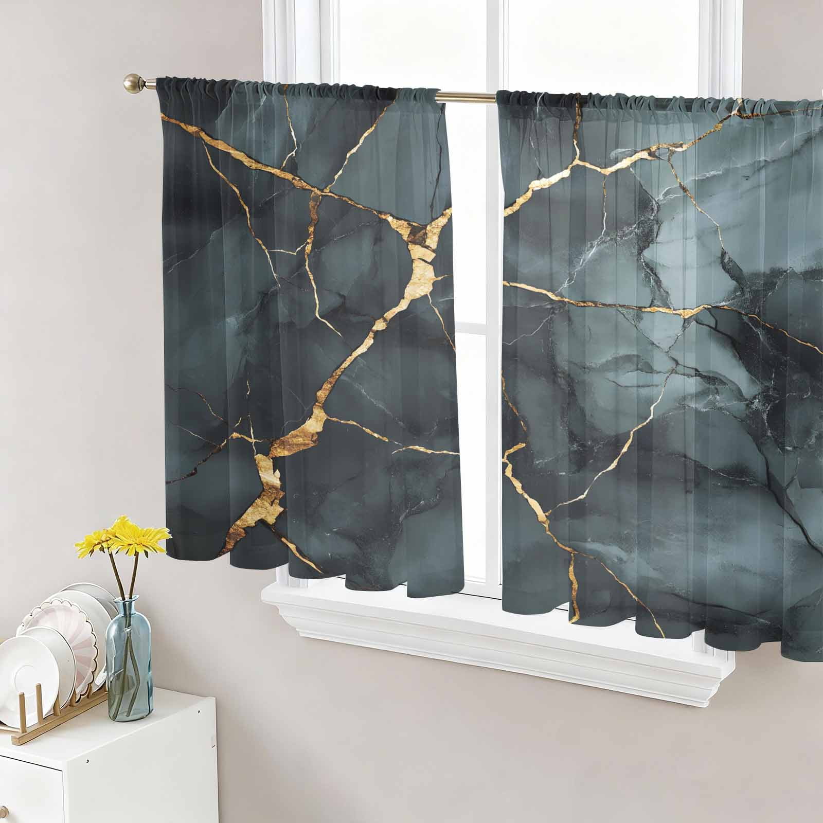 Black Teal Marble Semi Sheer Curtains 45 Inch Length 2 Panels Set ...