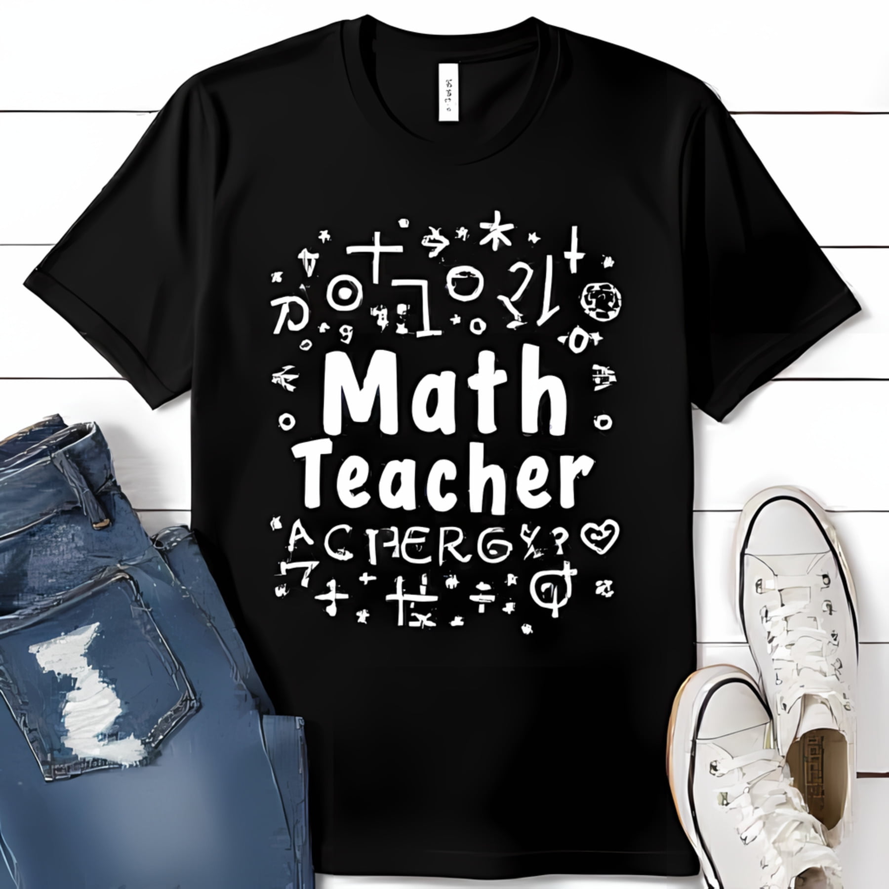 Black Tee Shirt with White 'Math Teacher' Graphic & Heart Design for ...