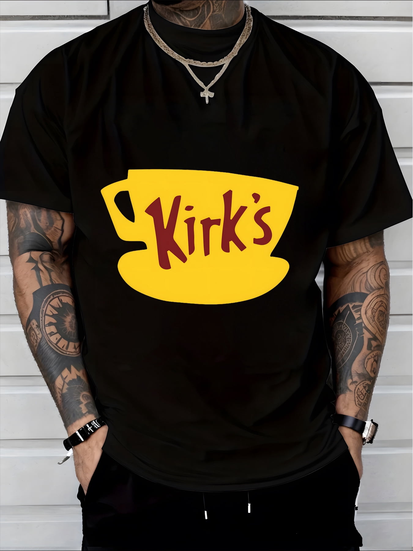 Black Tee with Yellow Teacup Graphic and Bold Red Kirk's Text Edgy ...