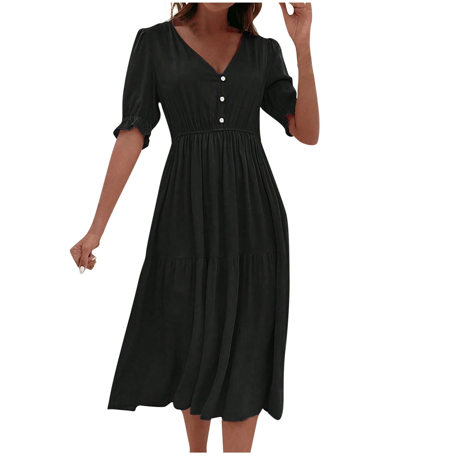 Black Teen Girls Brunch Short Sleeve Dresses for Women V Neck Midi High ...