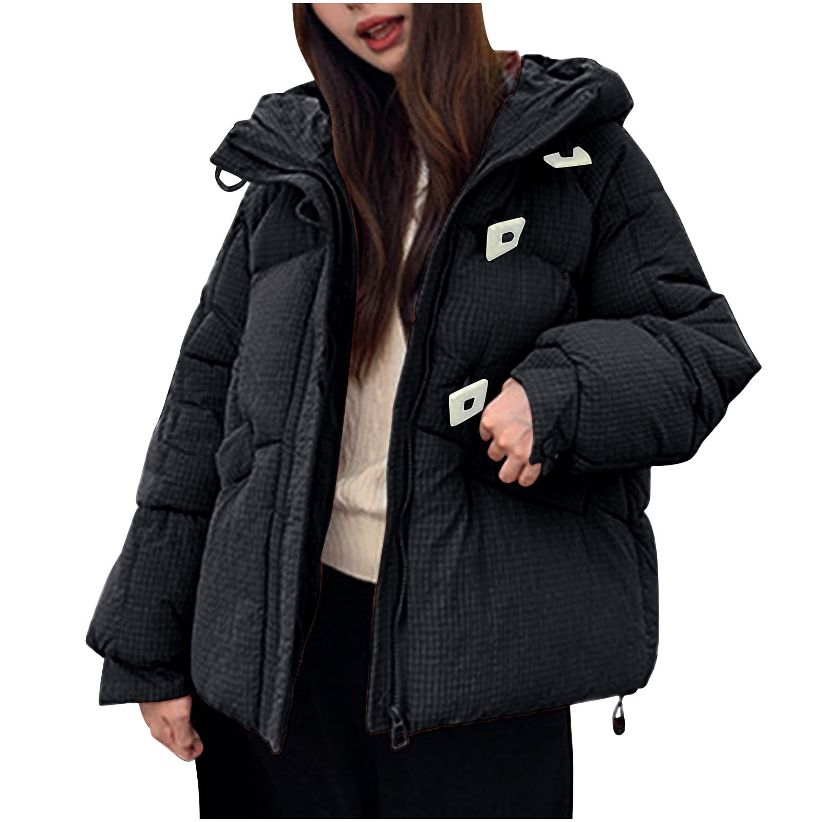 Black Teen Girls Long Sleeve Loose Fit Puffer Jackets Hoods Coat for ...