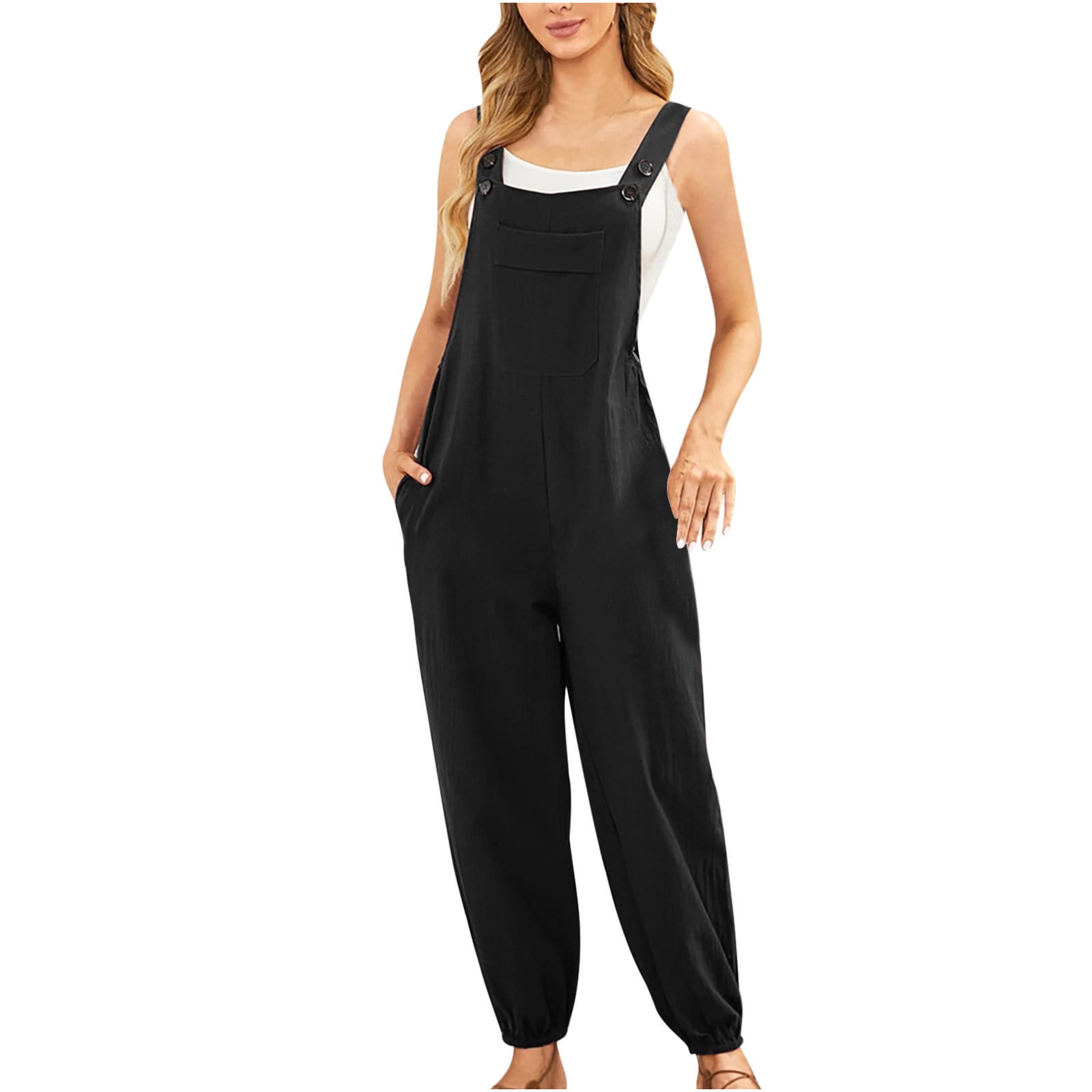 Black Teen Girls Loose Fit Overalls Faux Linen Bib Pants Pants One ...