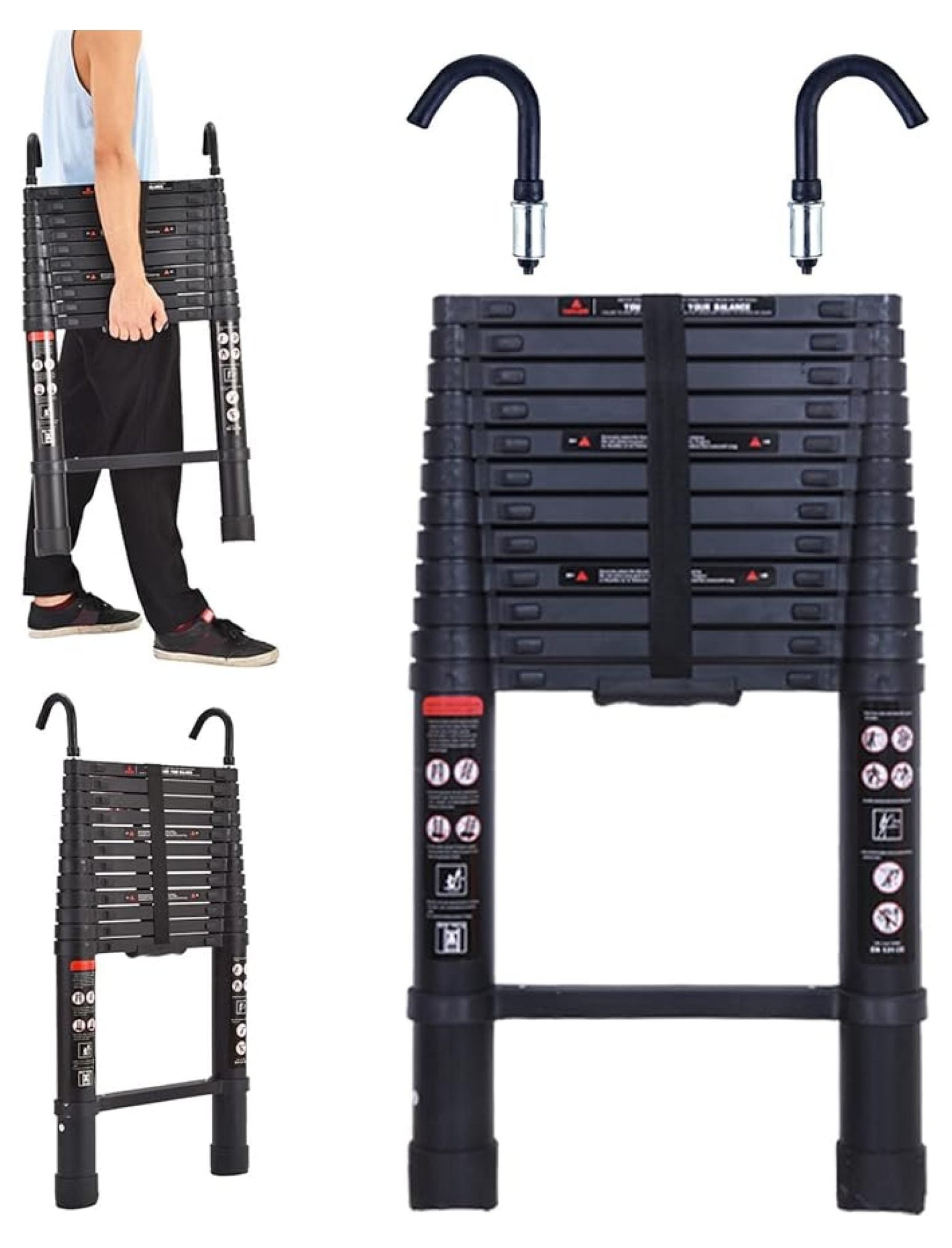 Black Telescoping Ladder Extension Multi-Purpose 12.5FT Aluminum ...