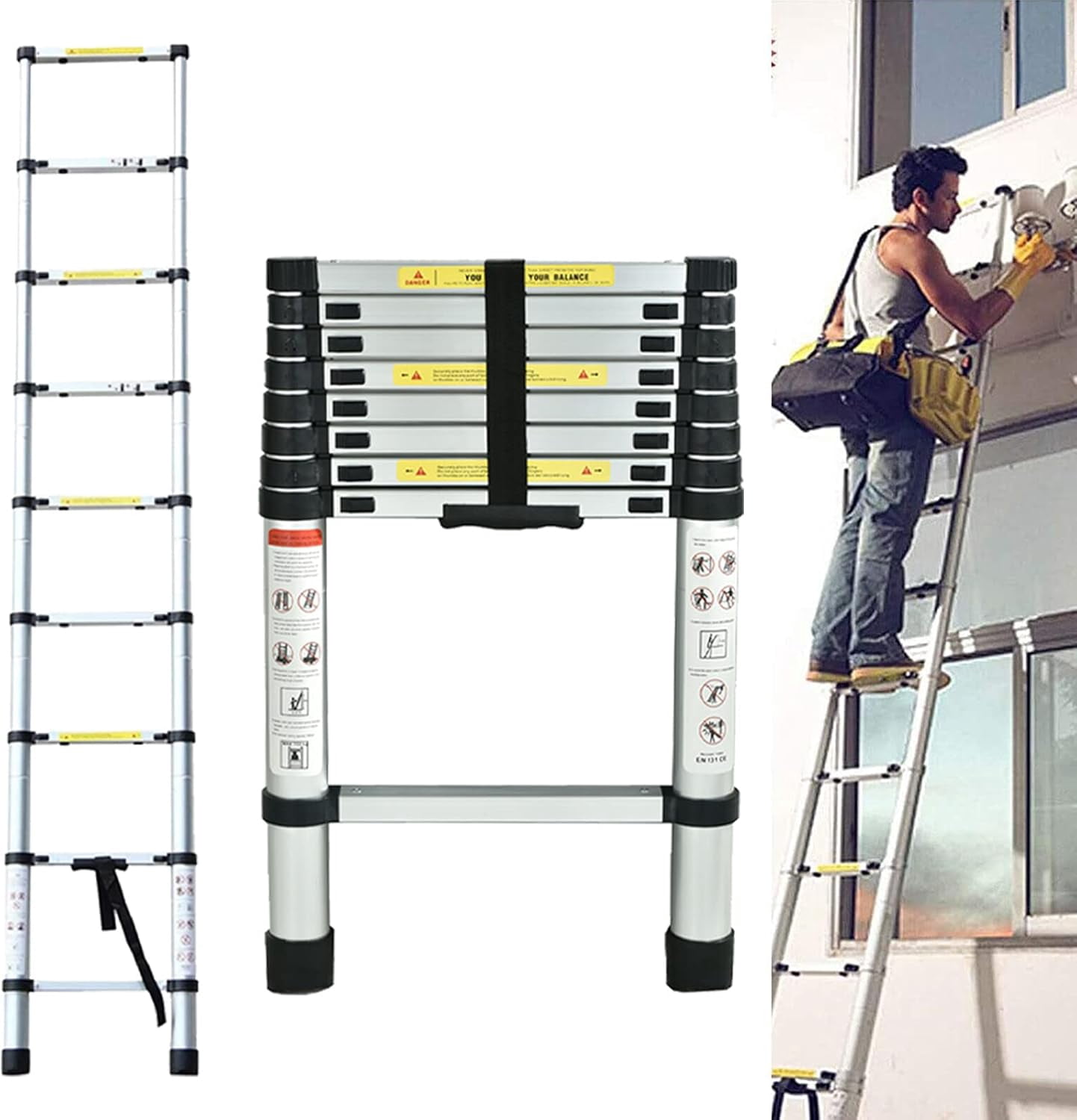 Black Telescoping Ladder Extension Multi-Purpose 12.5FT Aluminum ...