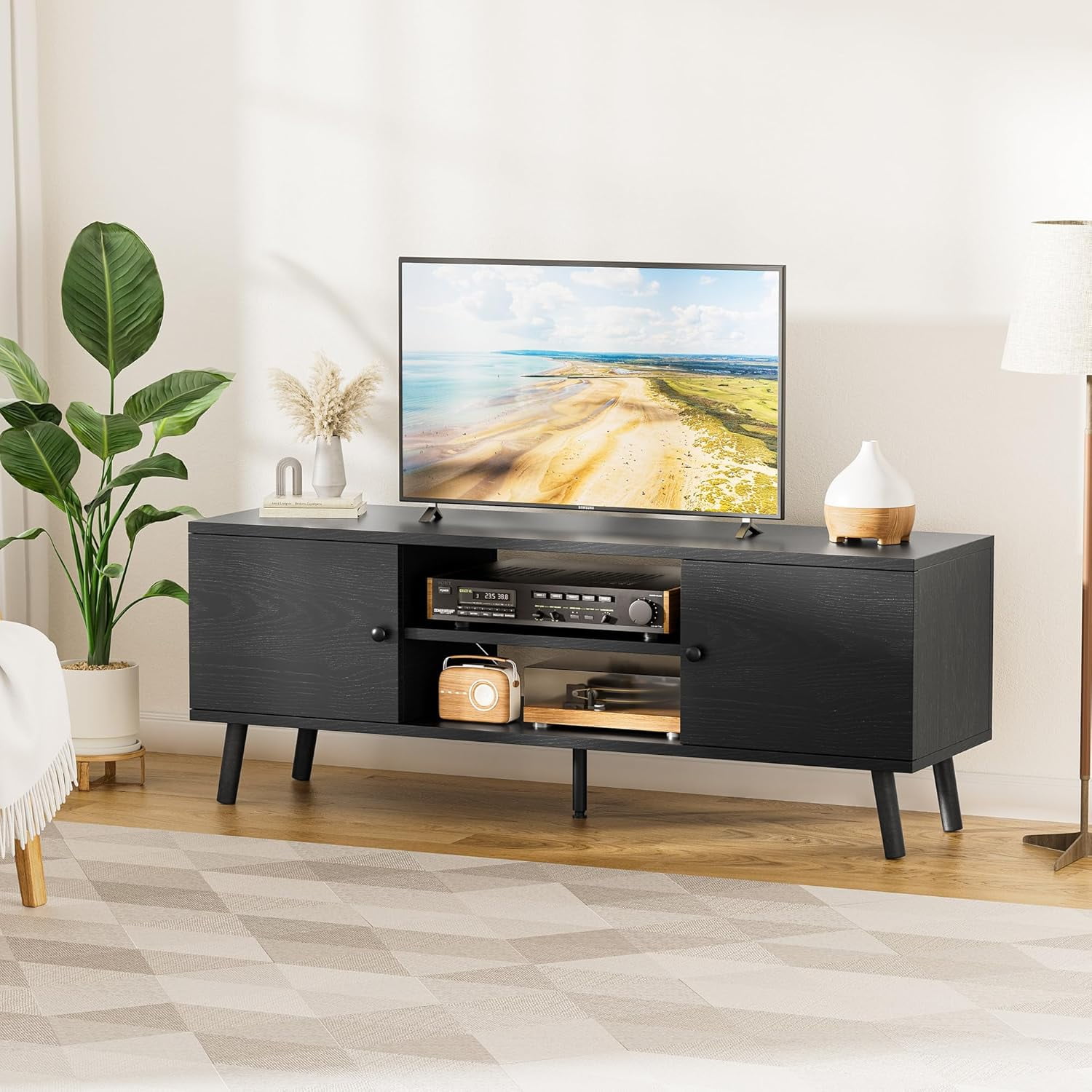 Black Television Stand for 55-60 Inch TVs with Storage, Mid Century ...