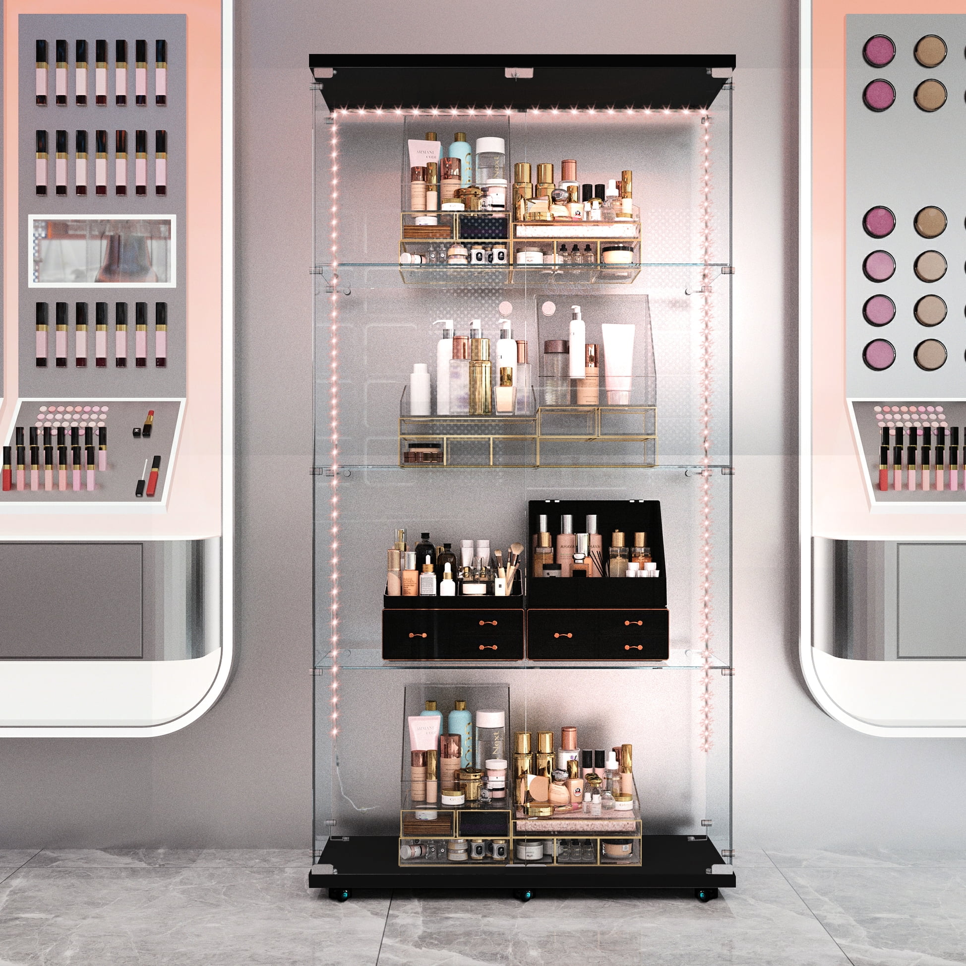 Black Tempered Glass Cabinet With Led Lighting, Lock, Movable For ...