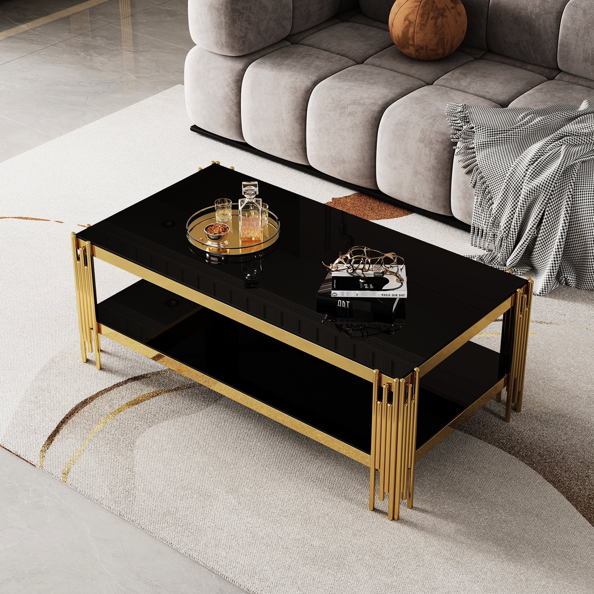 Black Tempered Glass Coffee Table With Gold Stainless Steel Accents And ...