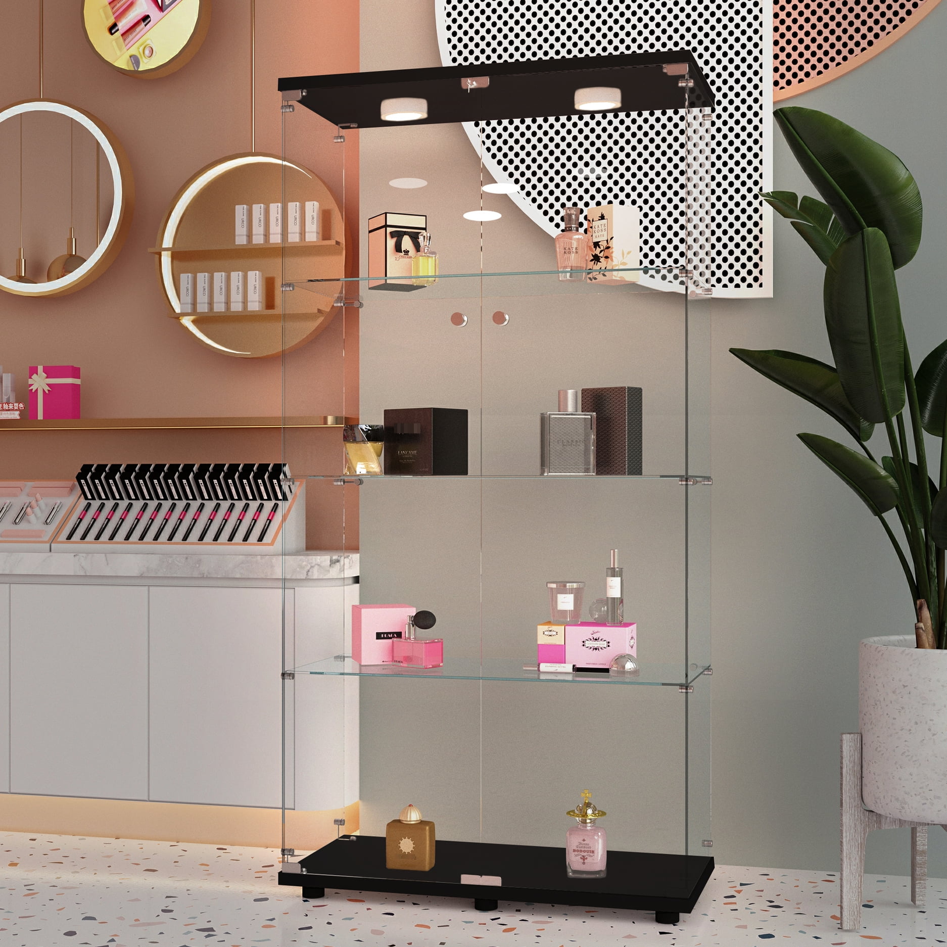 Black Tempered Glass Storage Cabinet, With Remote-controlled Lighting And Adjustable Ground Feet ...