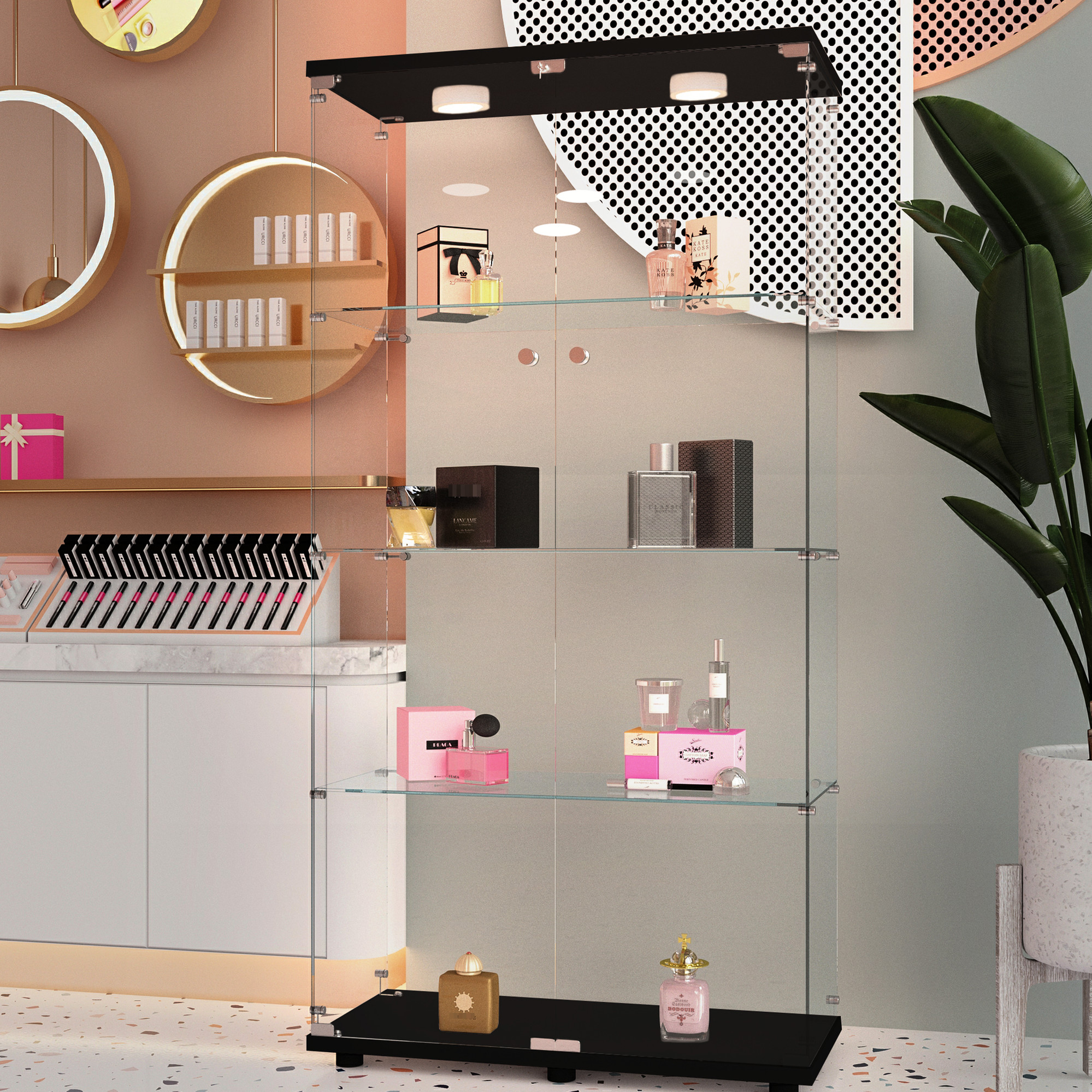 Black Tempered Glass Storage Cabinet, With Remote-controlled Lighting ...