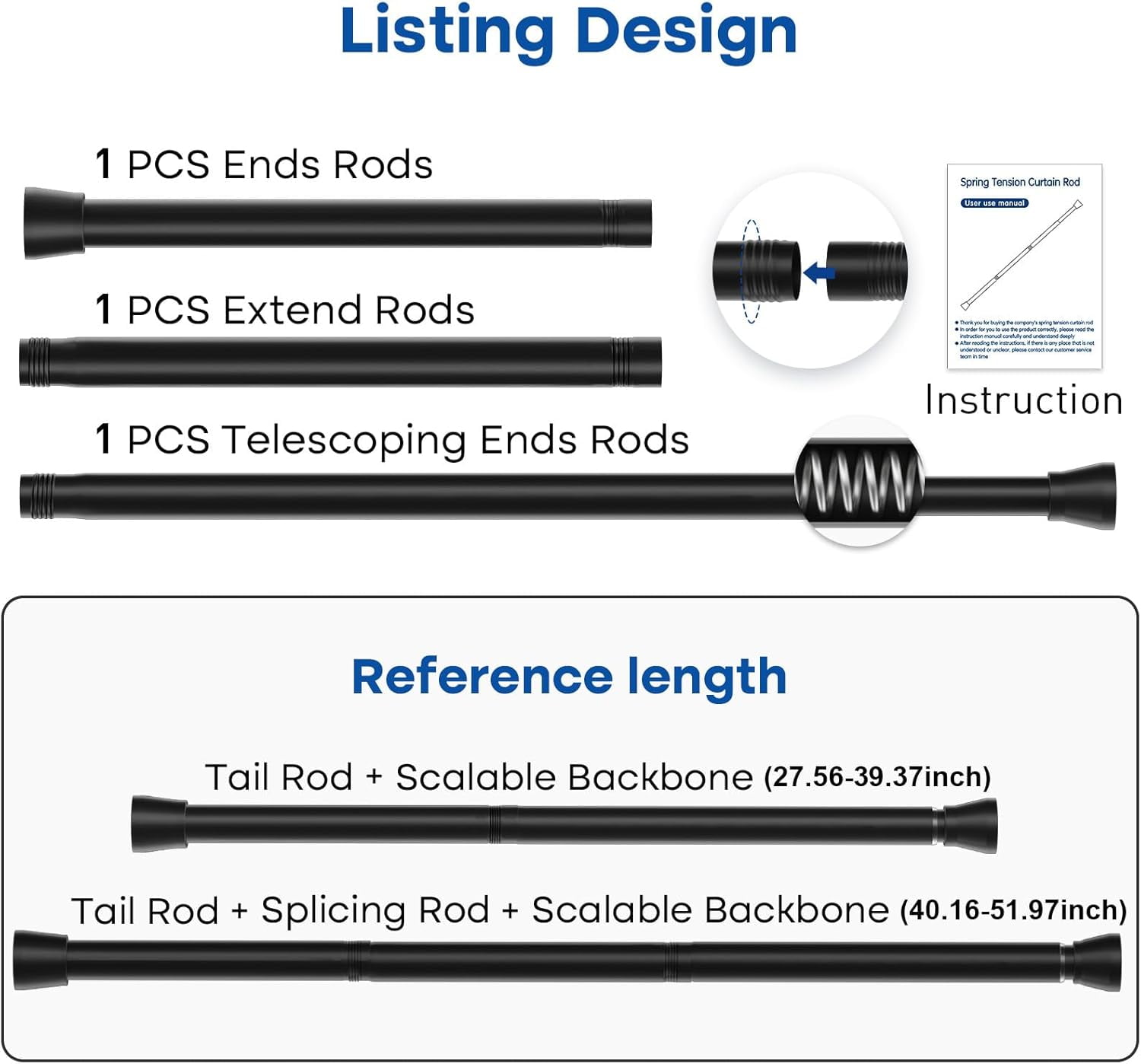 Black Tension Rods for Windows 28 to 48 Inch 2 Pack Spring Curtain Rod ...