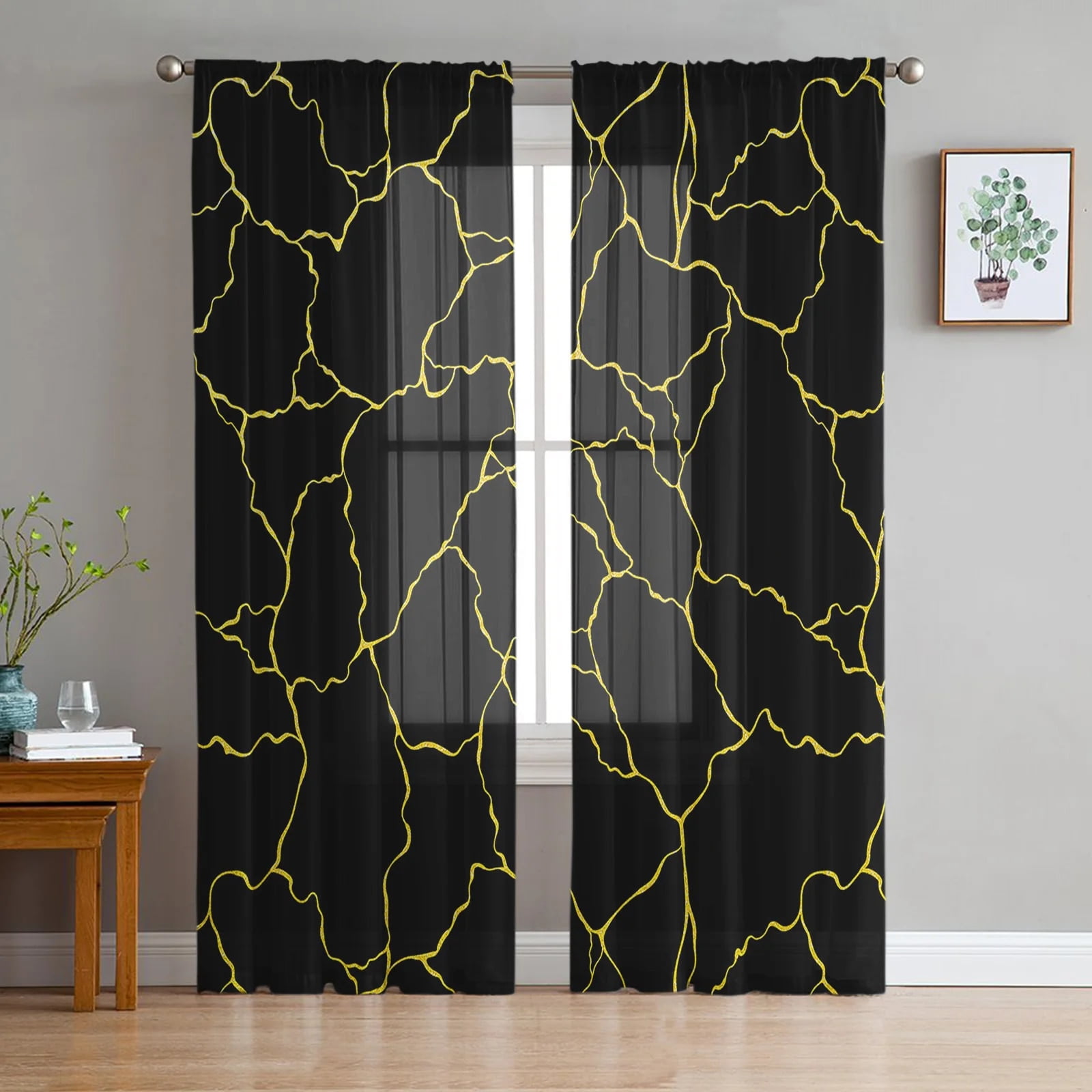 Black Texture Golden Geometric Lines Tulle Curtain for Living Room ...