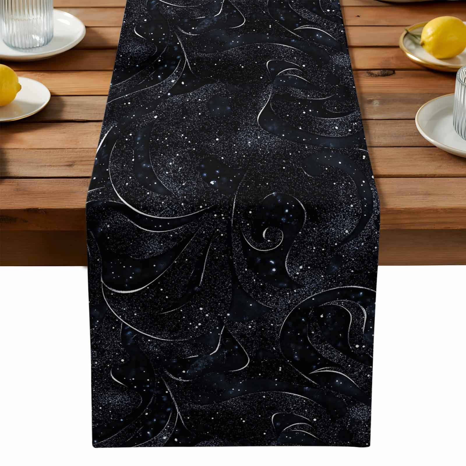 Black Texture Table Runner, Abstract Art White Dot Simple Style Kitchen ...