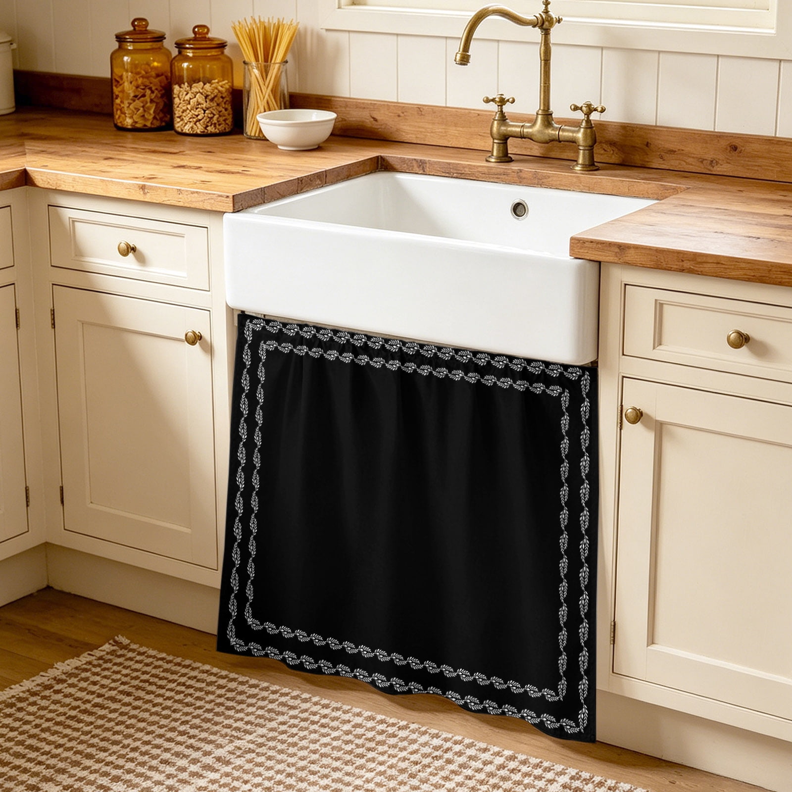 Black Textured Cabinet Curtains 35"W x 35"L, Farmhouse Country Woven ...