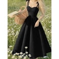 Black Textured Dot Sweetheart Neck Tie-Strap A-Line Midi Dress For ...