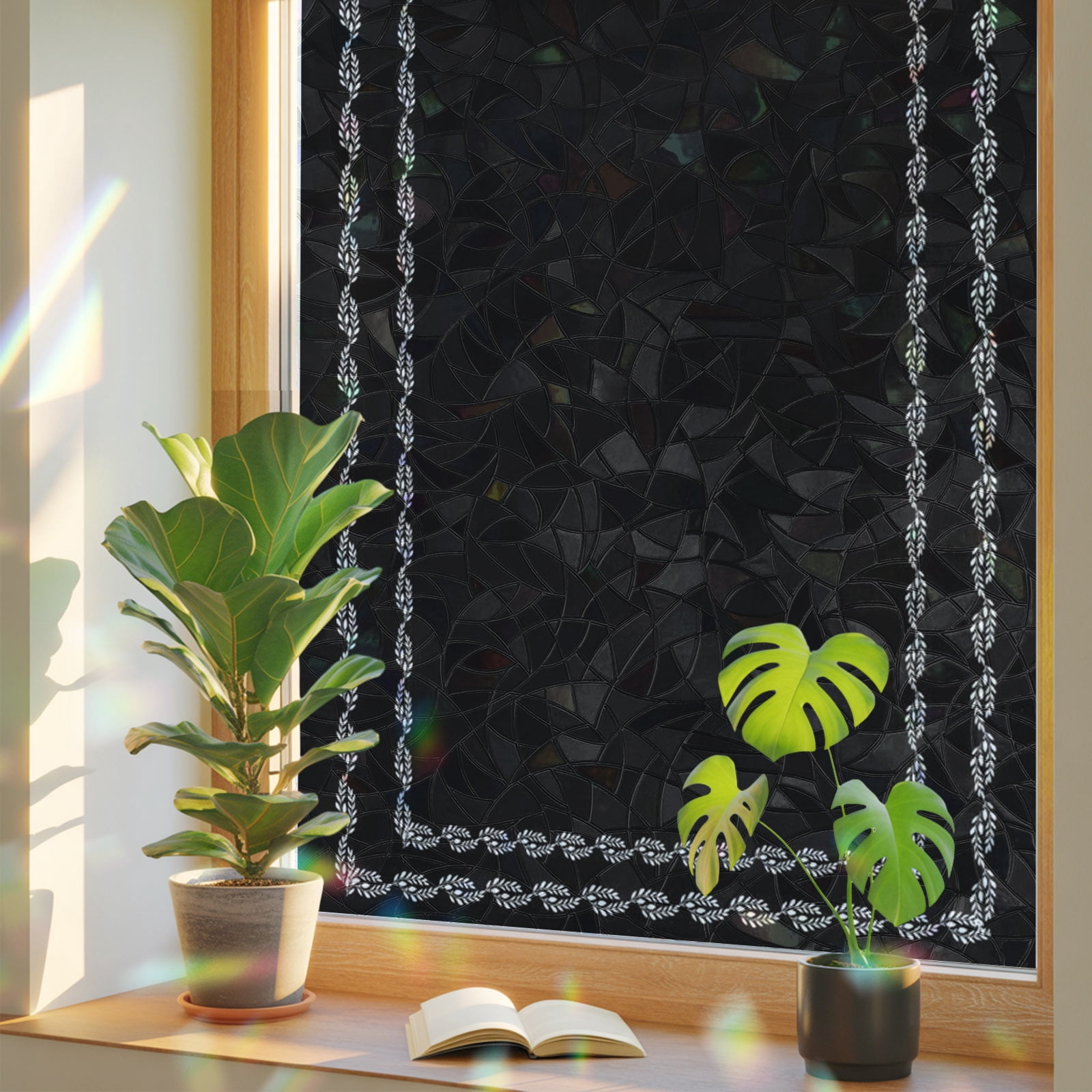 Black Textured Window Privacy Film Rainbow Static Cling Stain Glass ...