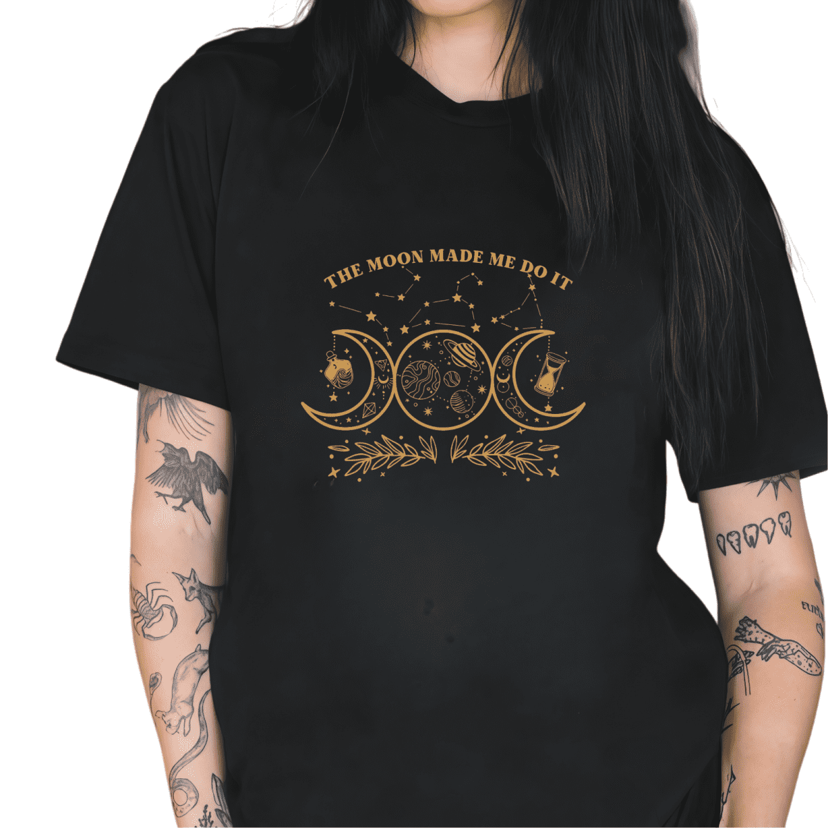 Black "The Moon Made Me Do It" Gold Lunar Phase Graphic T-Shirt Casual ...
