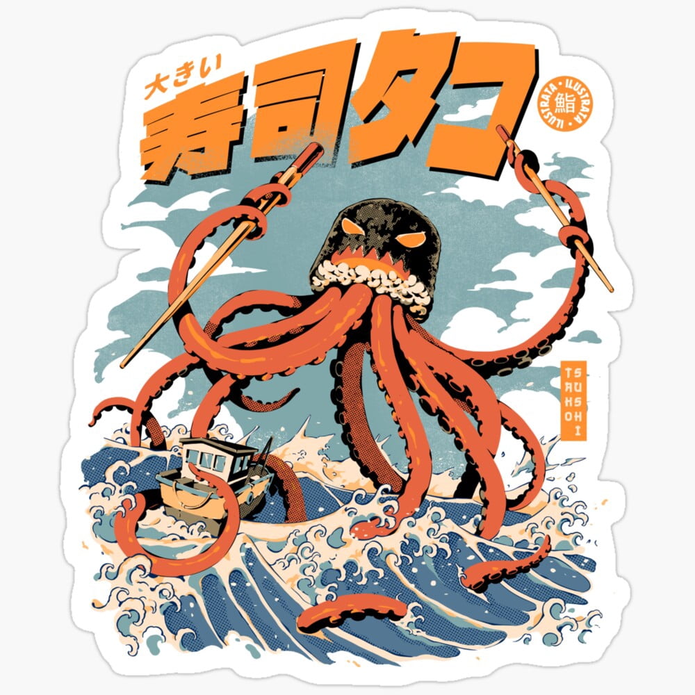 Black The Tako Sushi Sticker Phone Decal Water Bottle Stickers Car ...