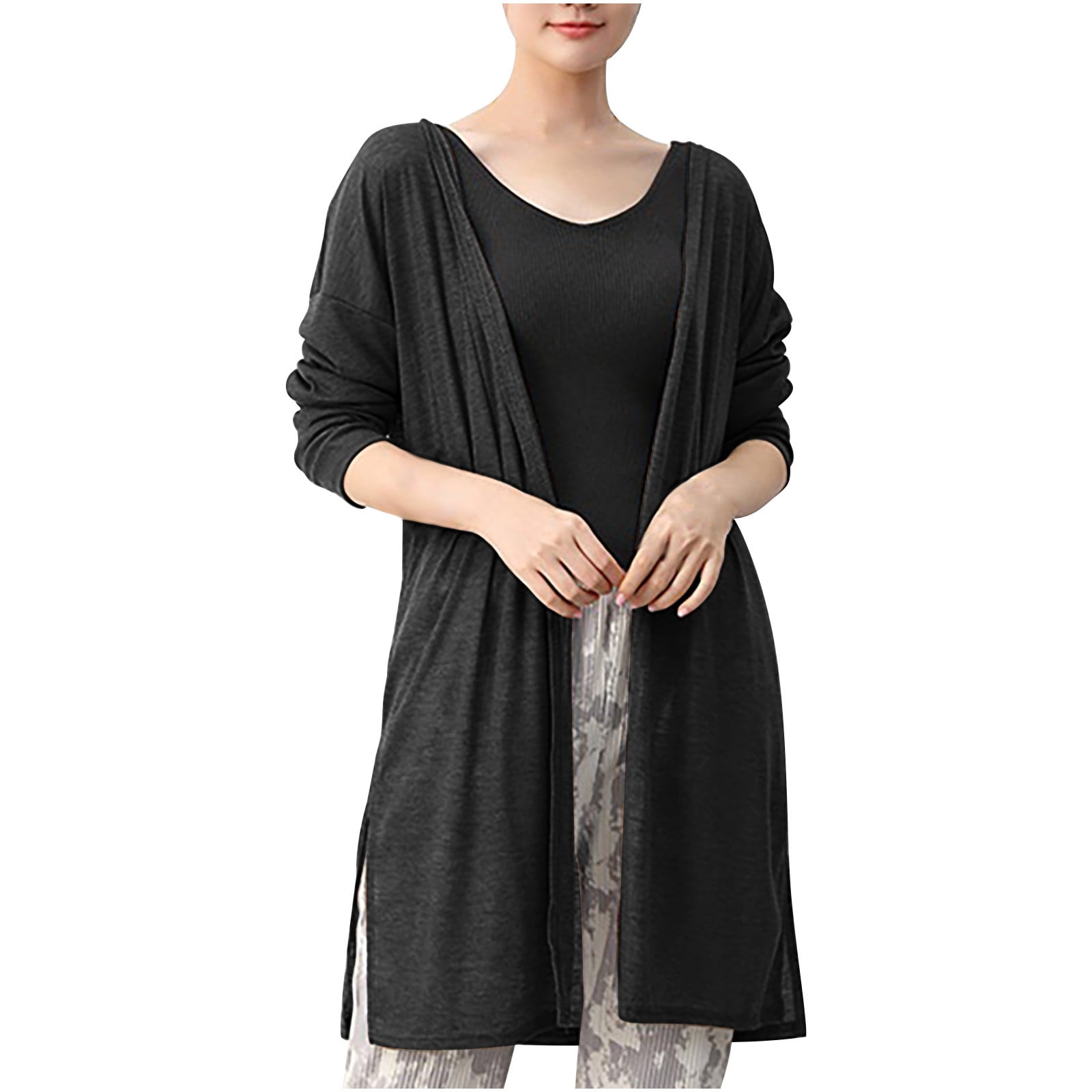 Black Thin Cardigan Plain Outfit for Women Fall Winter Long Sleeve ...