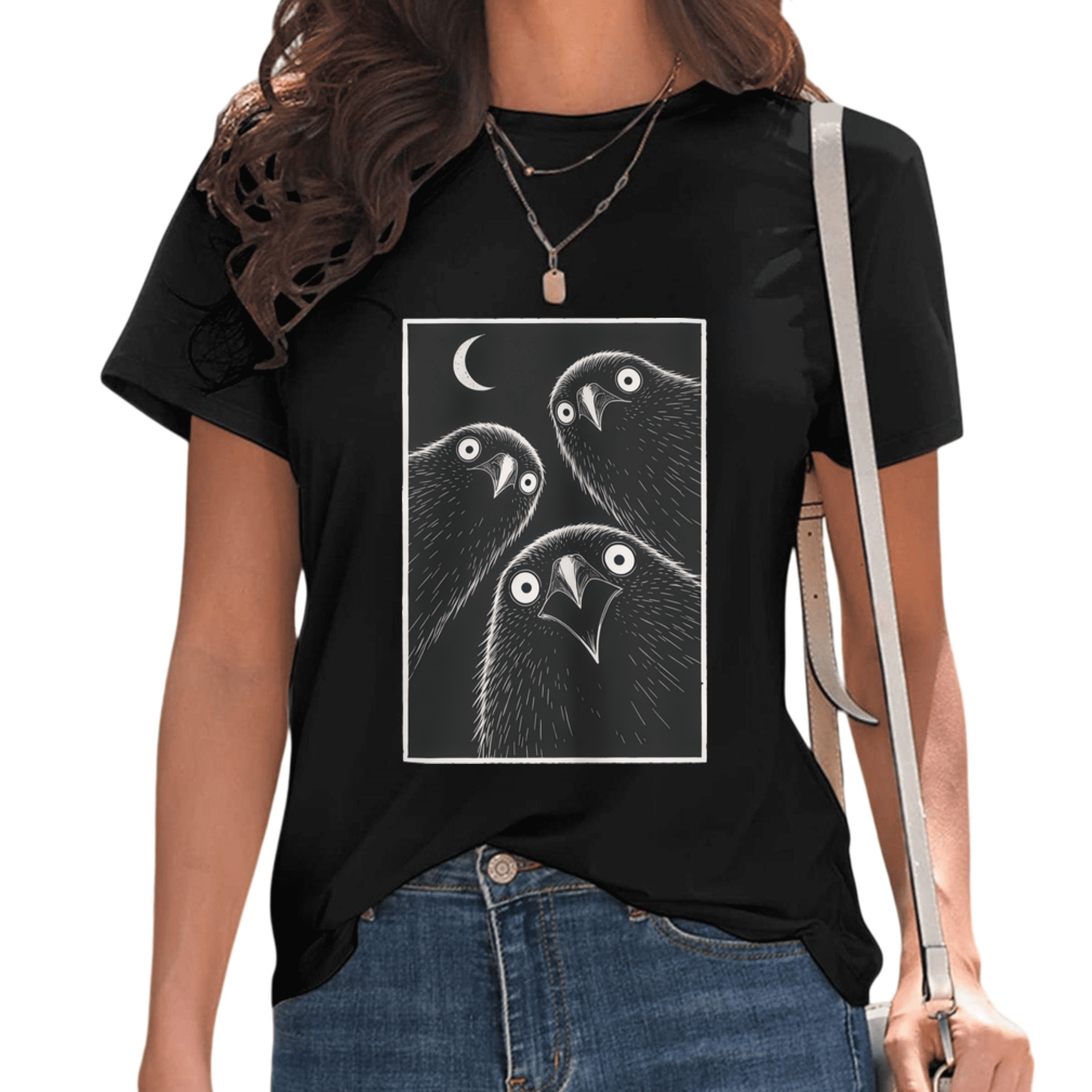 Black Three Crows with Crescent Moon Print Tshirt Graphic Tees Shirts ...