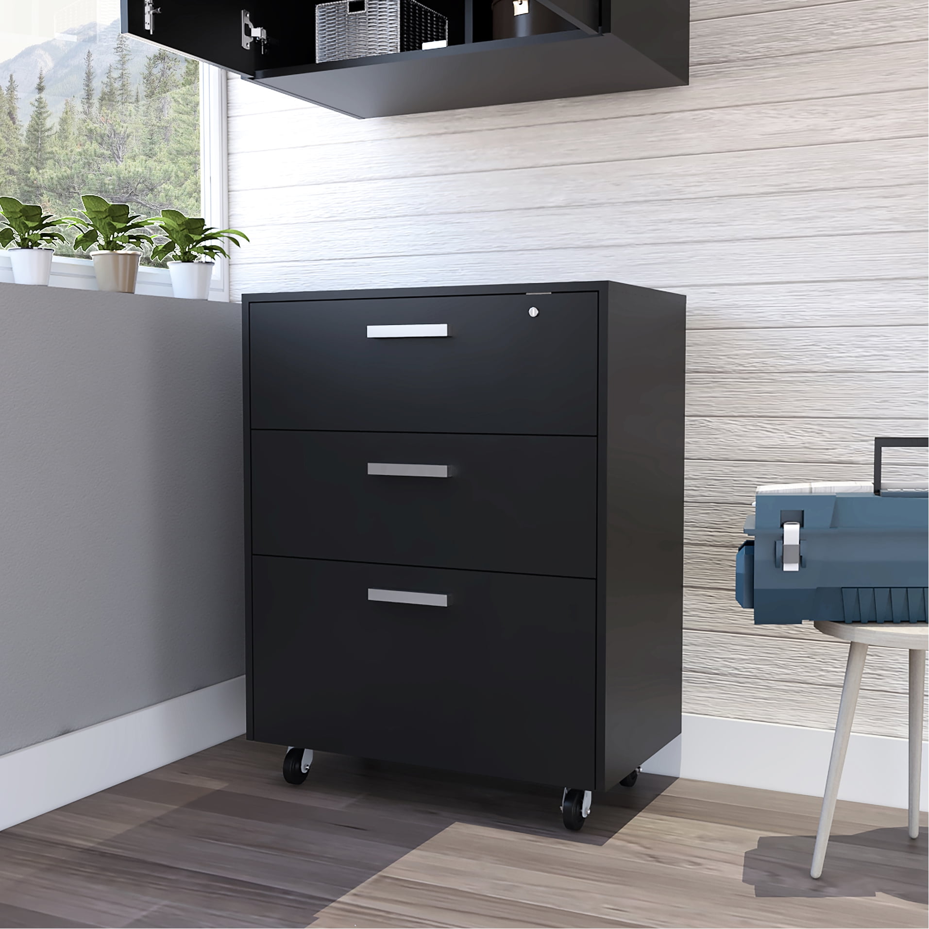 Black Three Drawer Base Cabinet For Garage Storage With Lock And Caster ...