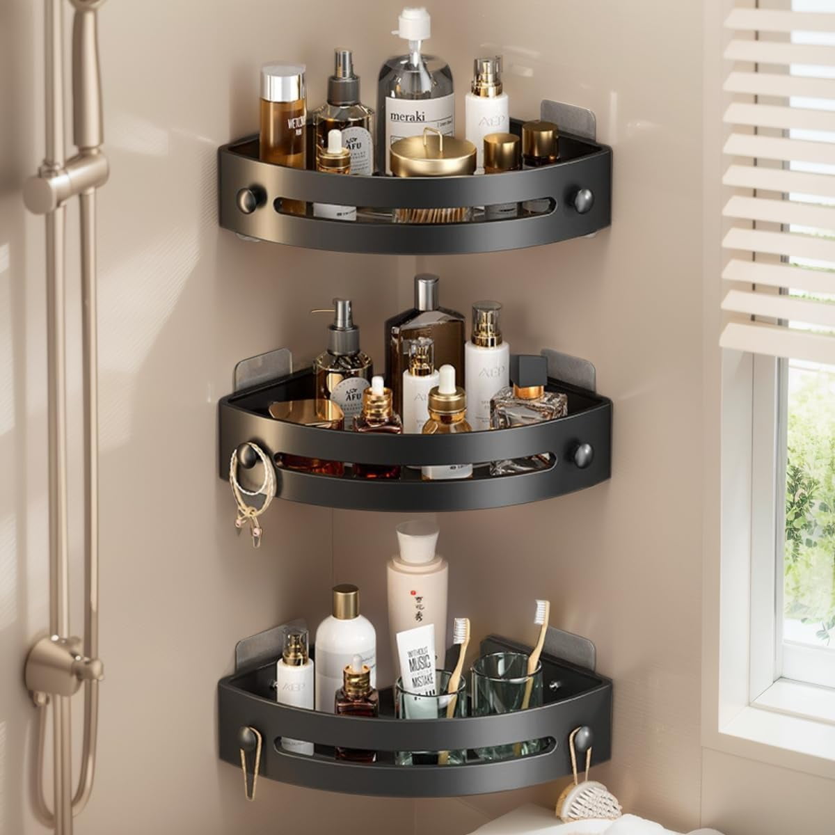 Black Three-Layer Self-Adhesive Wall-Mounted Corner Shower Rack ...