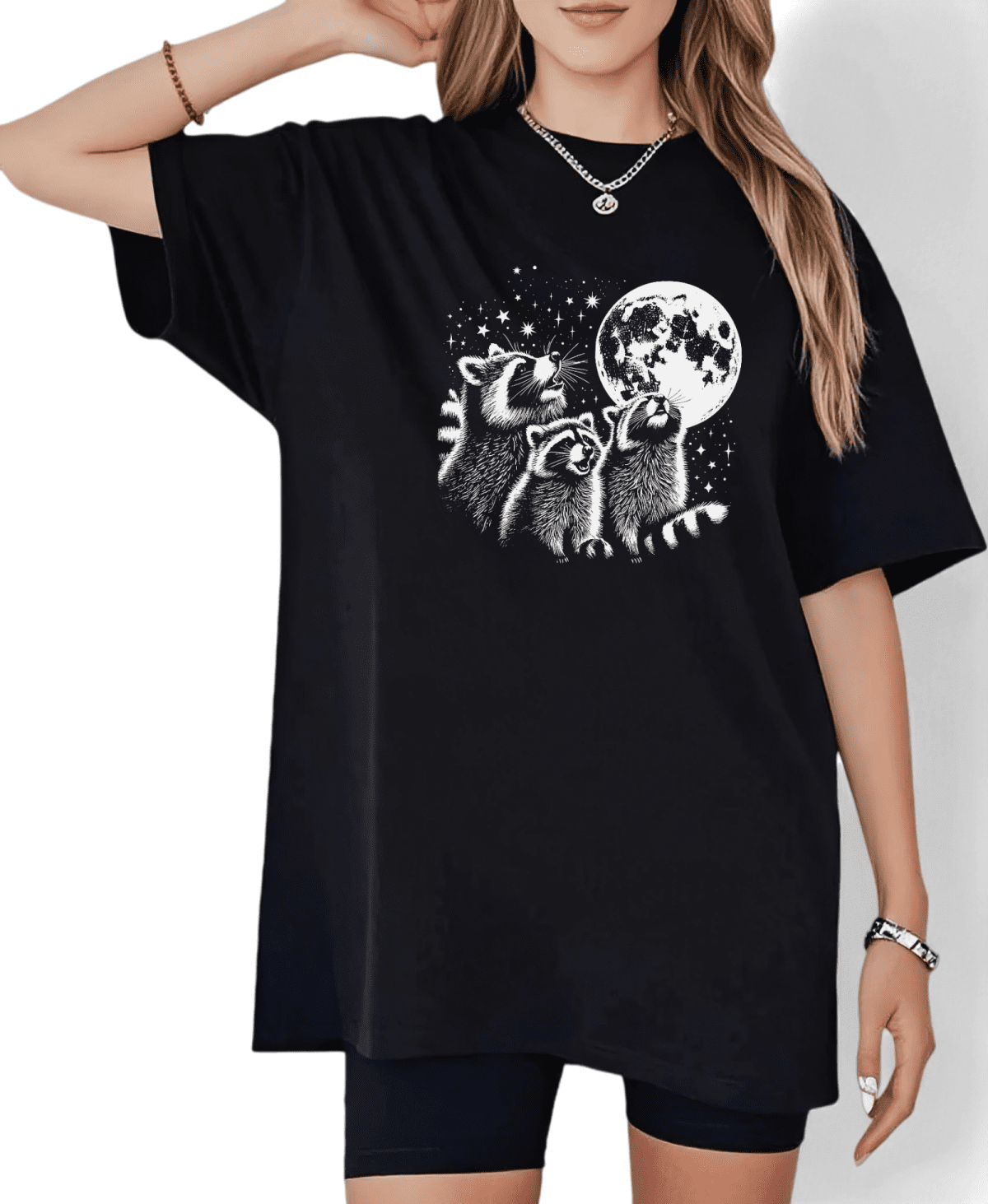 Black Three Raccoons Howling At Moon Graphic Tees Print Tshirt Casual ...
