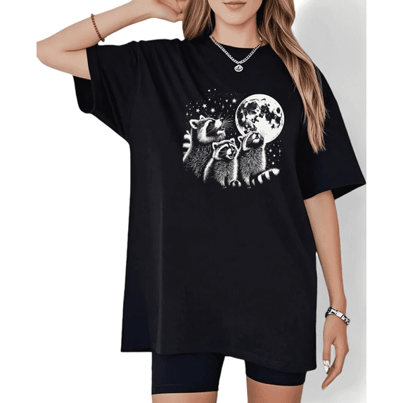 Black Three Raccoons Howling At Moon Graphic Tees Print Tshirt Casual ...