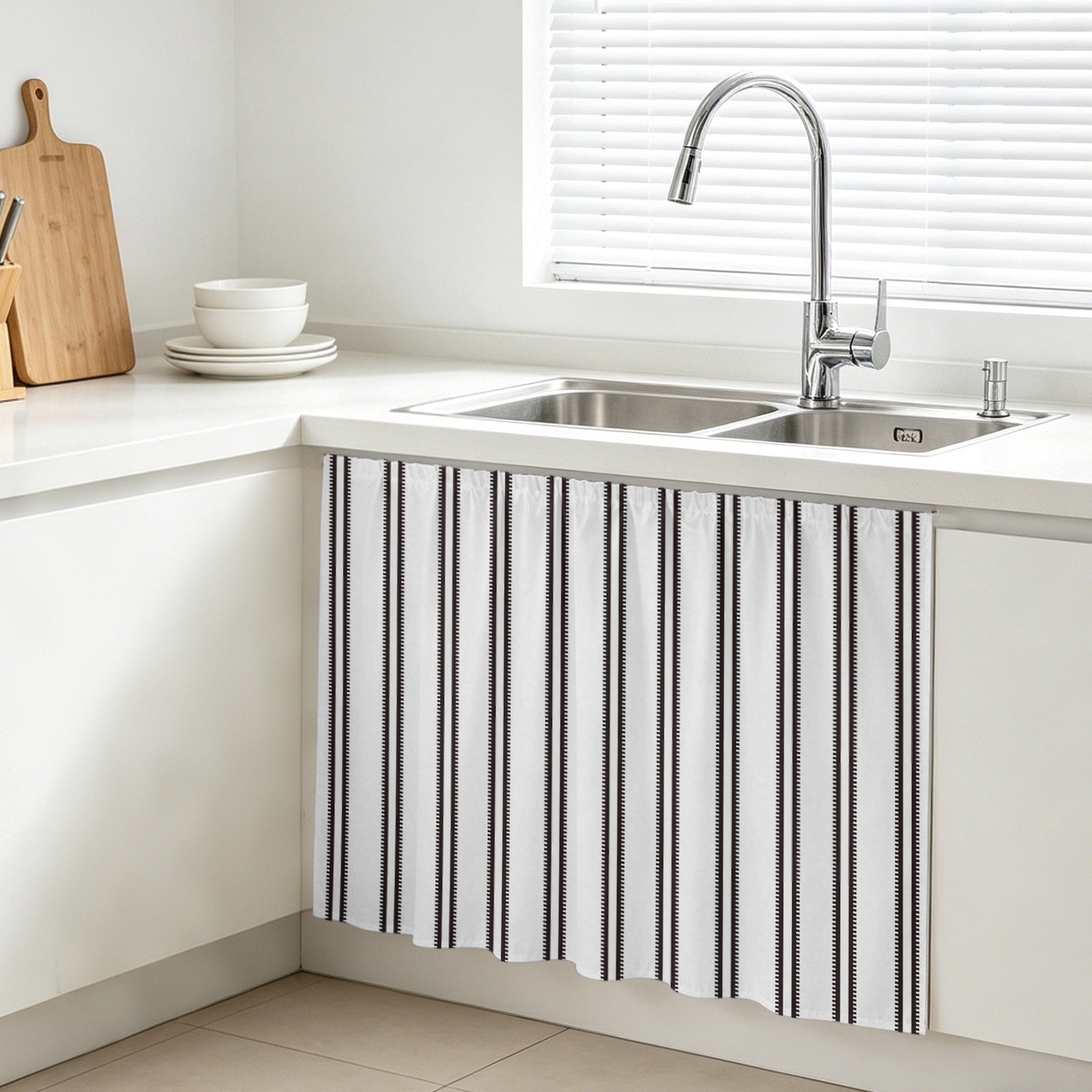 Black Ticking Stripes Cabinet Curtains for Kitchen 28"W x 35"L, Modern ...