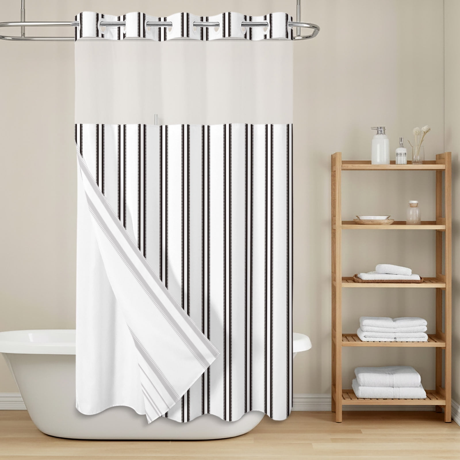Black Ticking Stripes No Hook Shower Curtain with Snap in Liner, Modern ...