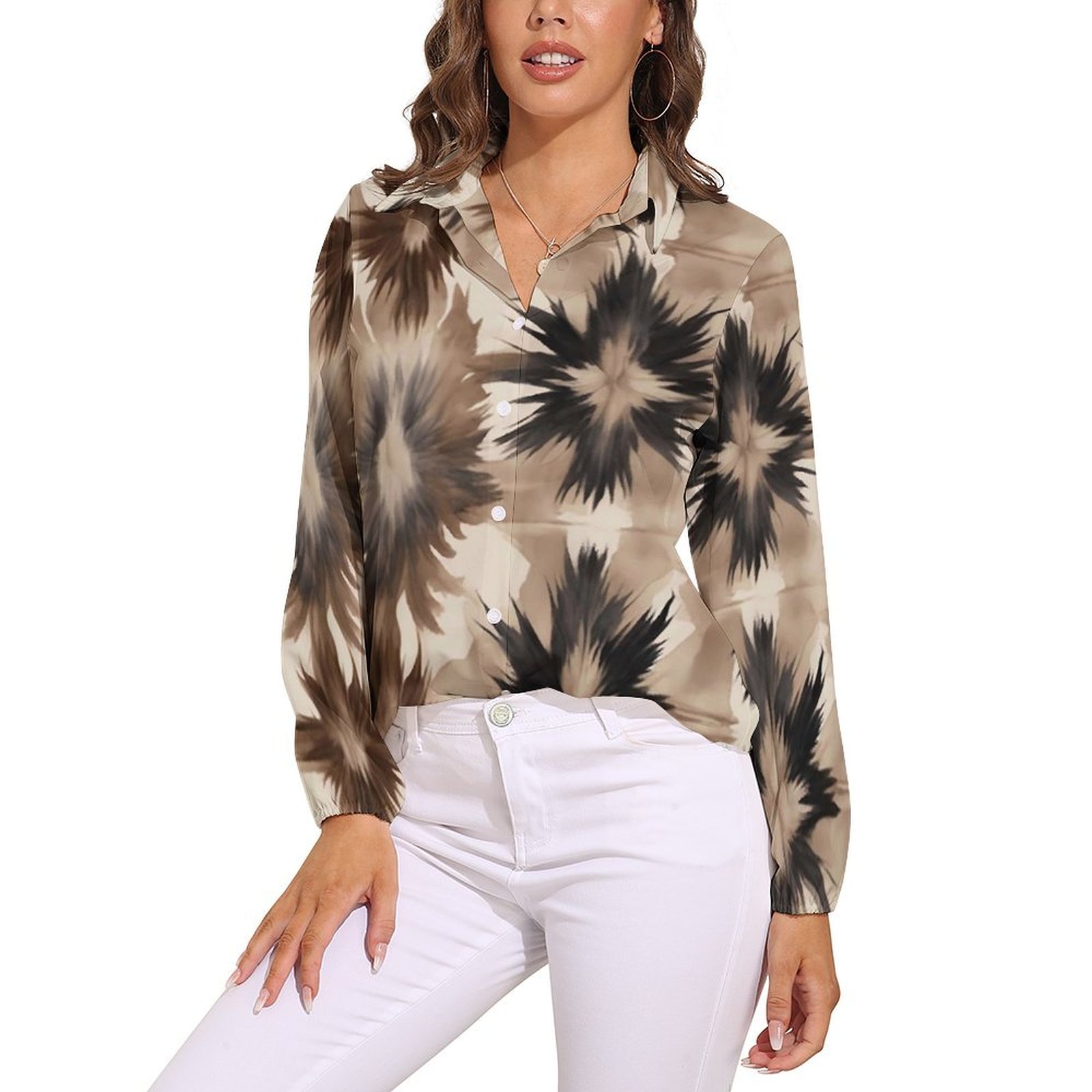 Black Tie Dye Blouse Long Sleeve Abstract Flower Print Modern Blouses ...