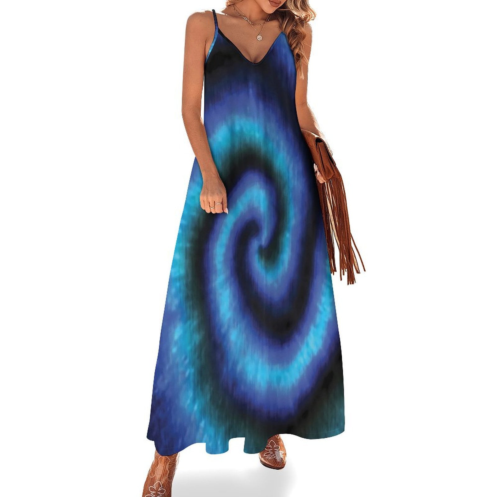Black Tie Dye Dress Abstract Print Sexy Maxi Dress Strap Stylish Boho ...