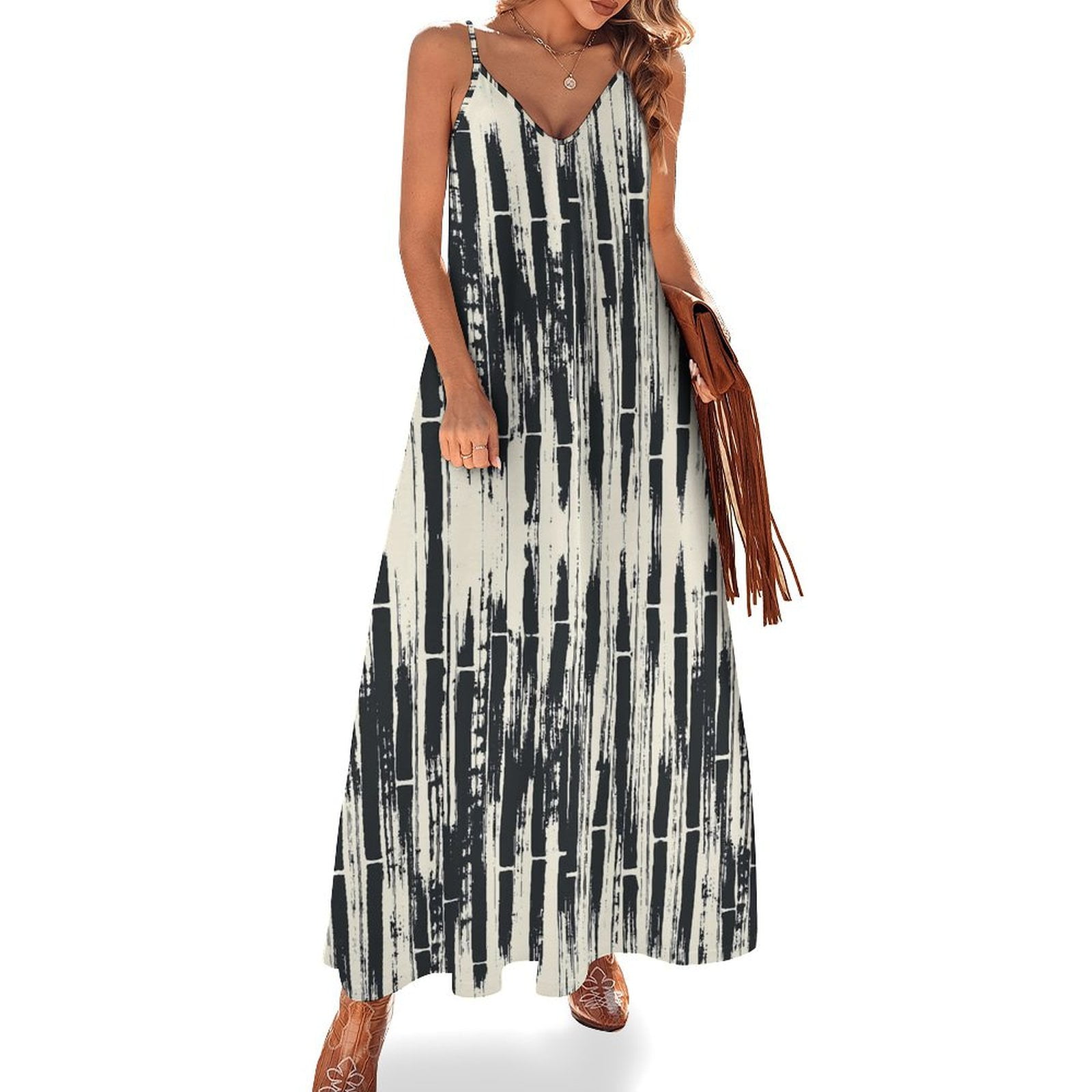 Black Tie Dye Dress Abstract Print Sexy Maxi Dress Strap Stylish Boho ...