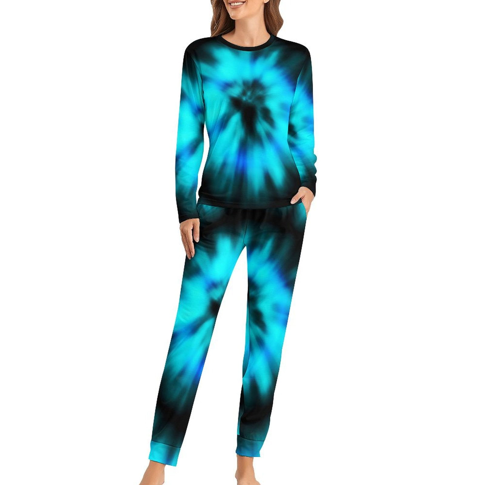 Black Tie Dye Pajamas Liquid Print 2 Pieces Room Pajama Sets Lady Long ...