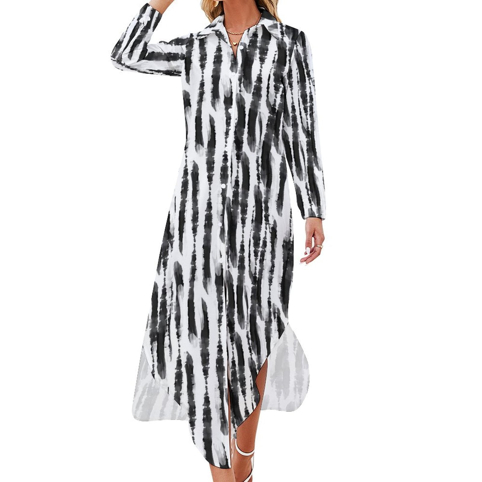 Black Tie Dye Print Chiffon Dress Sexy V Neck Abstract Stripes Beach ...